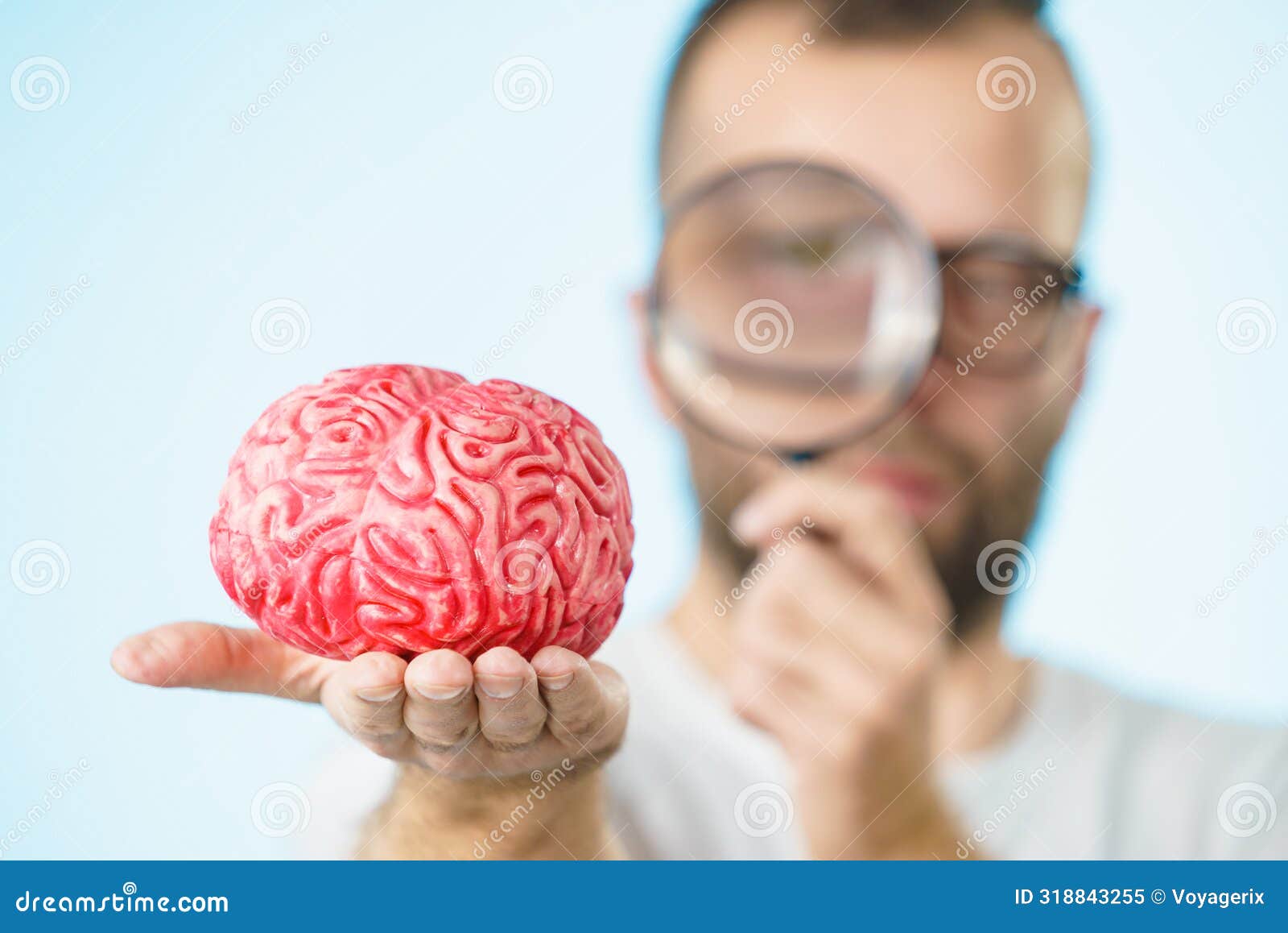 Man looking at human brain stock image. Image of contemplative - 318843255