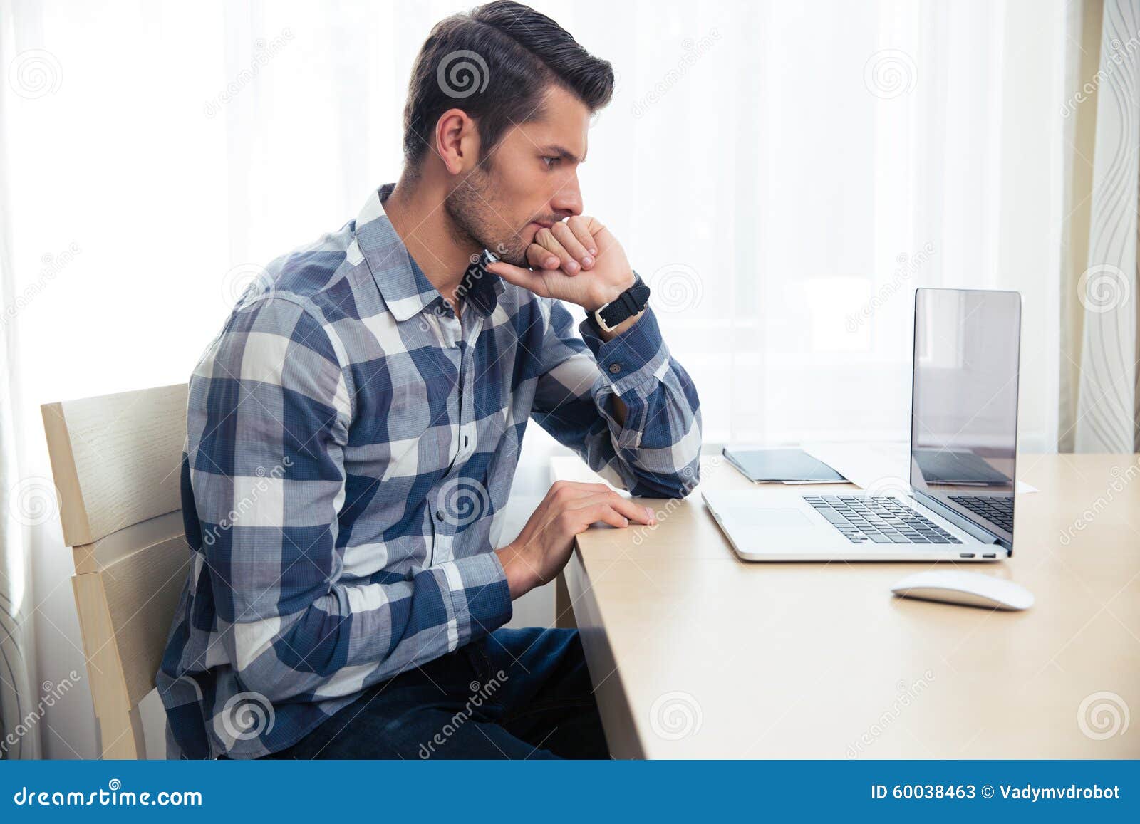 Man Looking on Laptop at Home Stock Image - Image of study, thinking ...