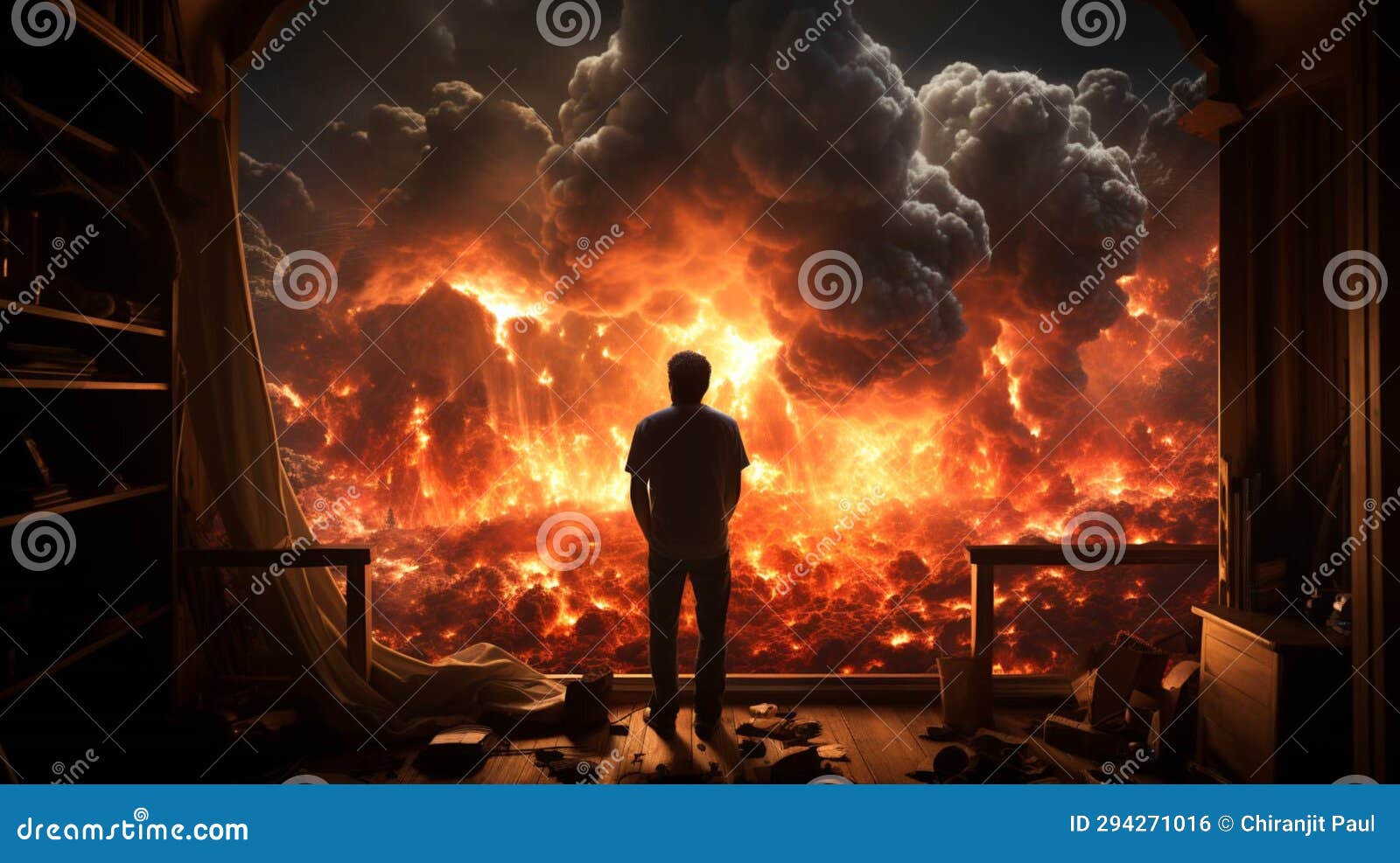 A Man Looking at a Large Explosion at His Room Stock Photo - Image of ...