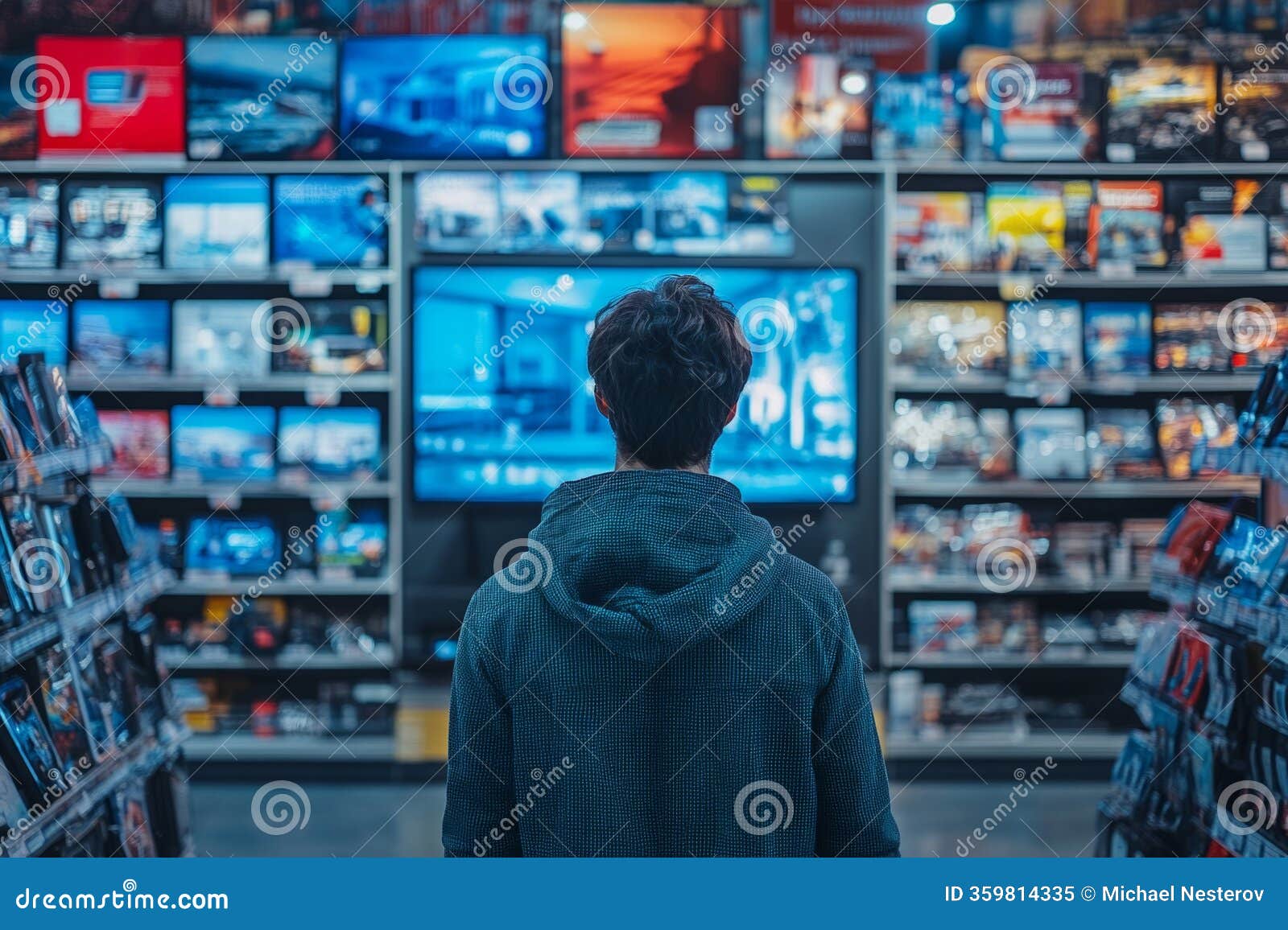 Man Looking at Large Tv Screen in Consumer Electronics Store, Making Decision about Purchase ...