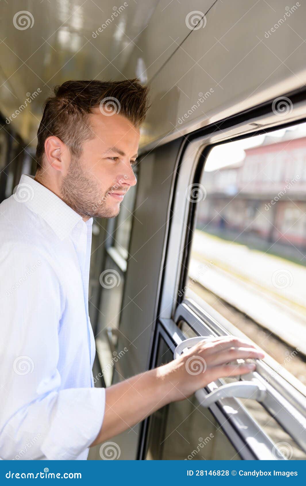 Man Looking Out the Train Window Smiling Stock Photo - Image of ...