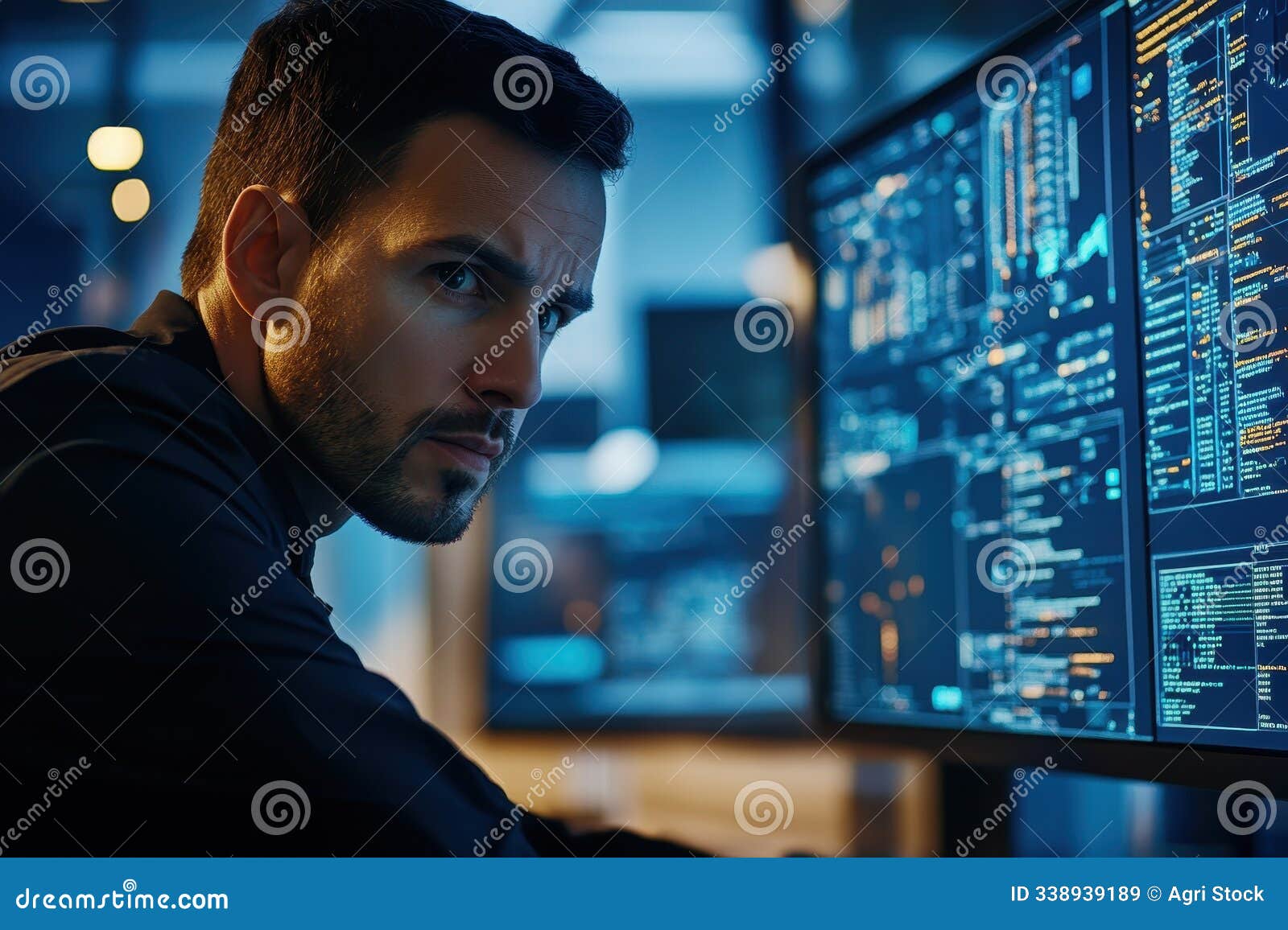 Man Looking Over Shoulder at Computer Screen with Code Stock ...