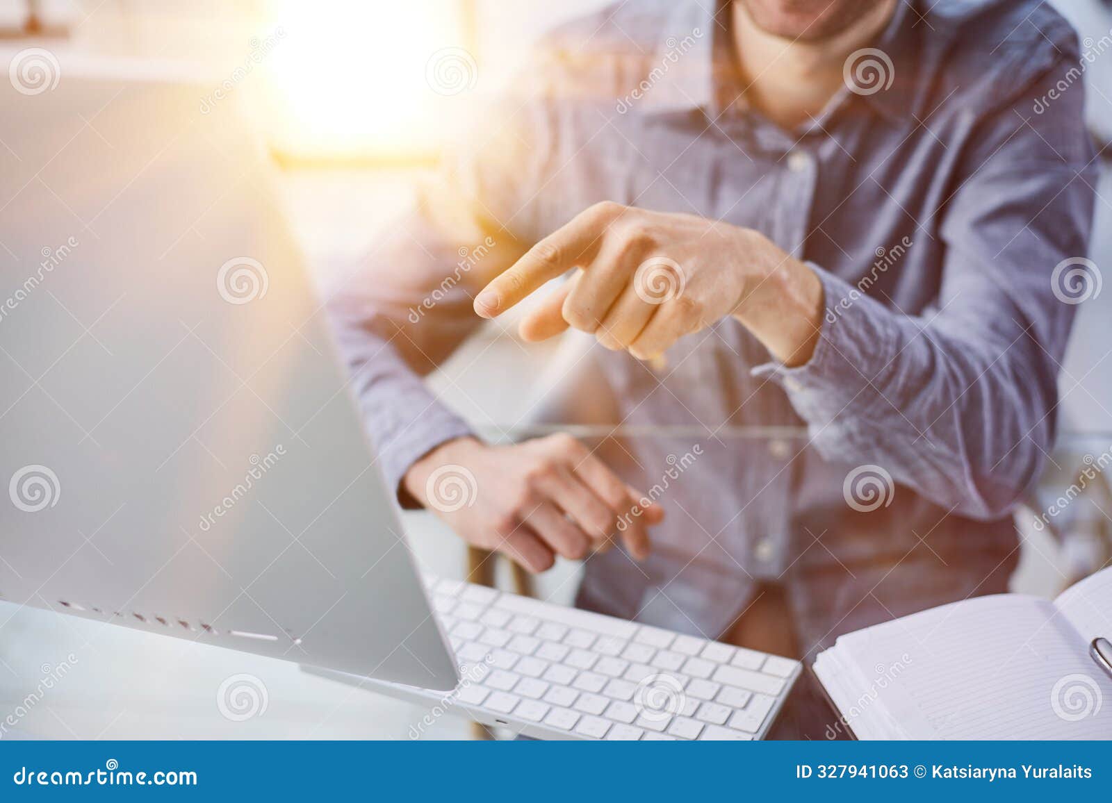 Man Looking at Pc Computer for Mock Up Template Sitting at Desk at ...