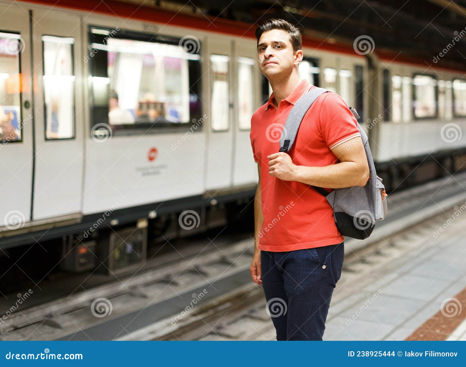 Man is Looking on Railway and Waiting Train on Platform Stock Photo ...