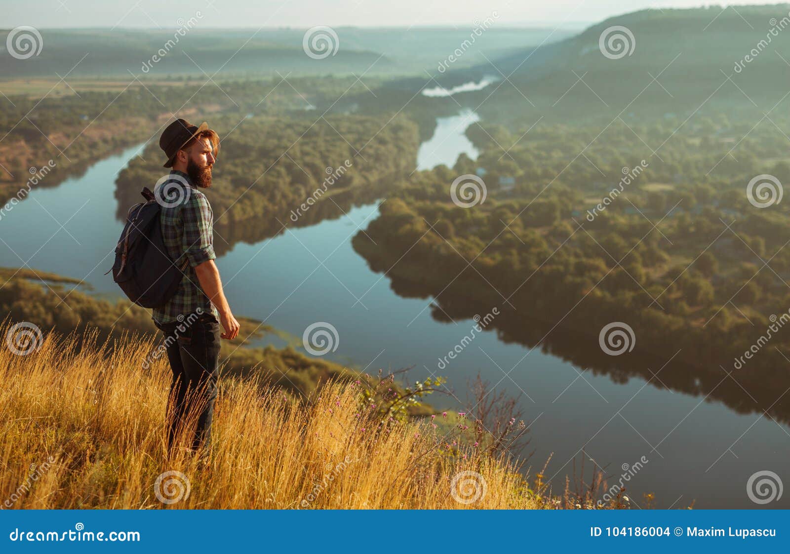 Man looking at river stock photo. Image of travel, valley - 104186004