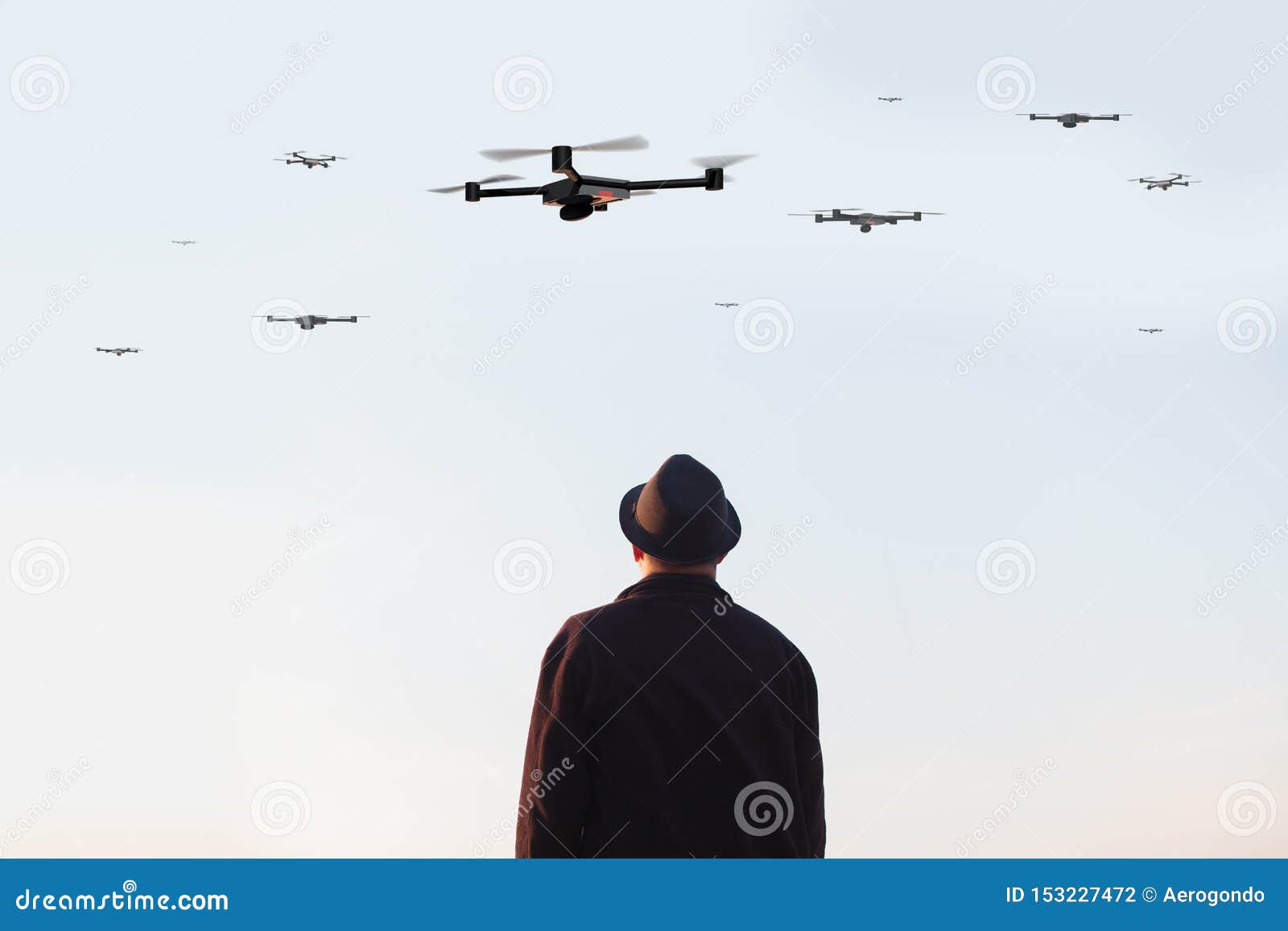 Man Looking at the Sky Full of Drones Stock Photo - Image of invasion ...