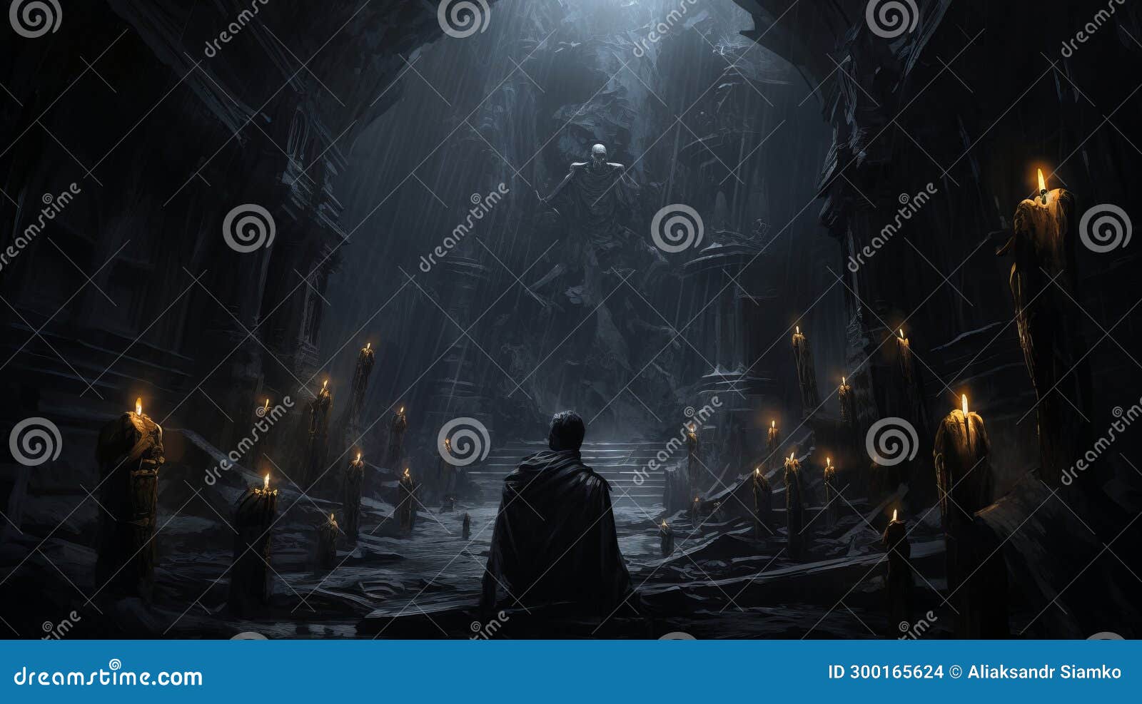A Man Looking at a Statue in a Cave Stock Illustration - Illustration ...