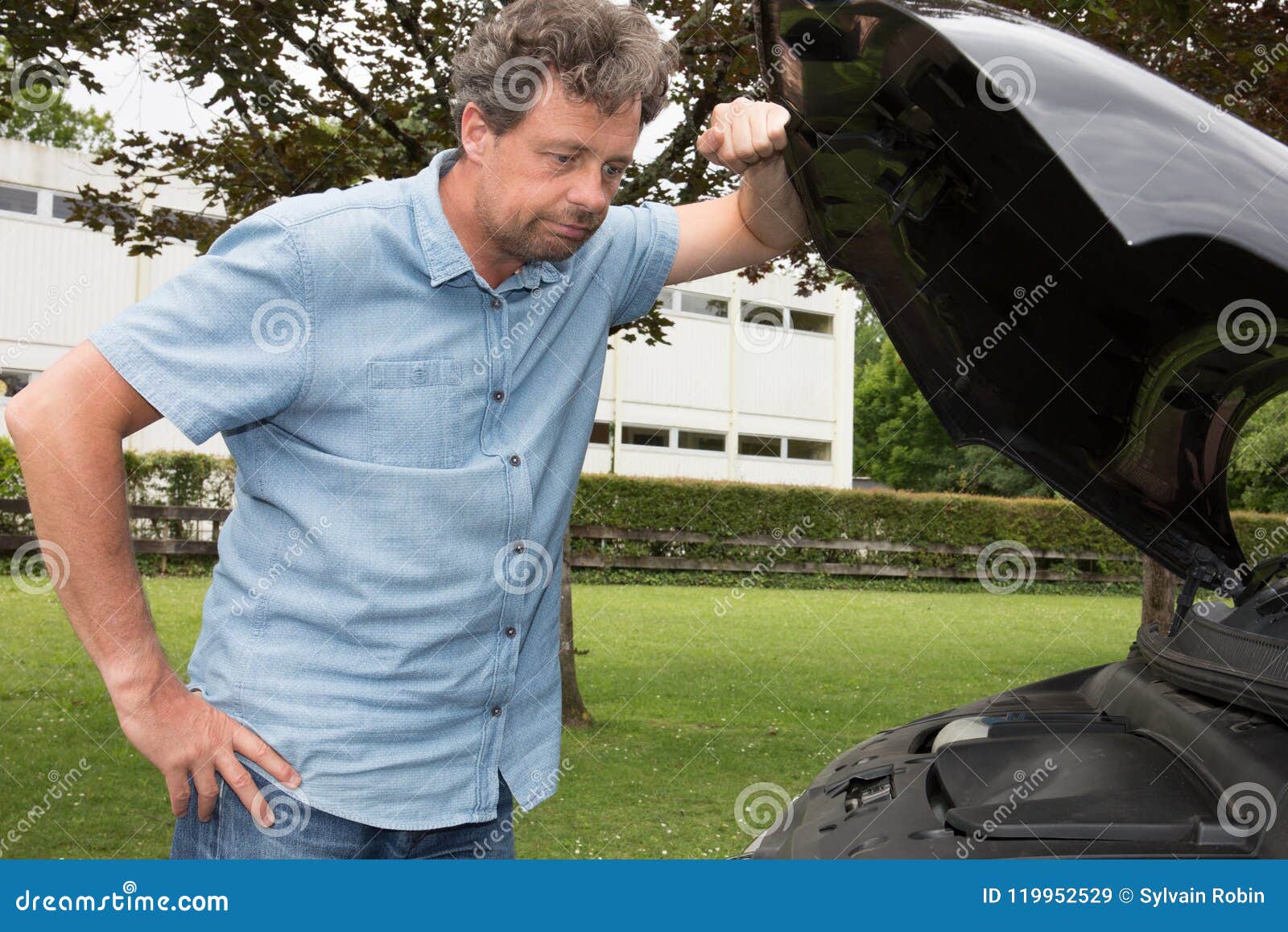 Man Looking Under the Hood of Breakdown Car Van Stock Image - Image of ...