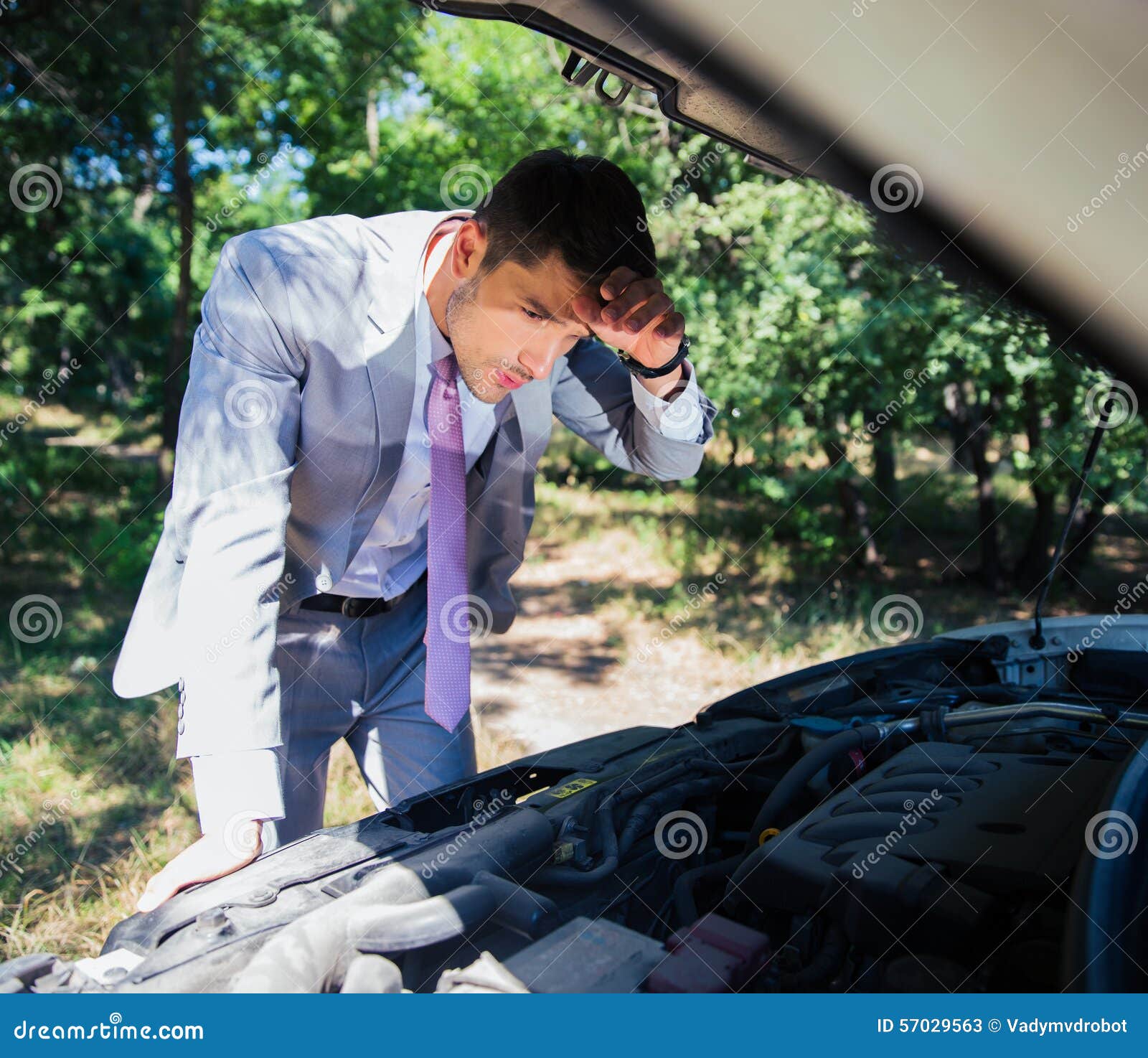 Man Looking Under the Hood of Car Stock Image - Image of forest ...