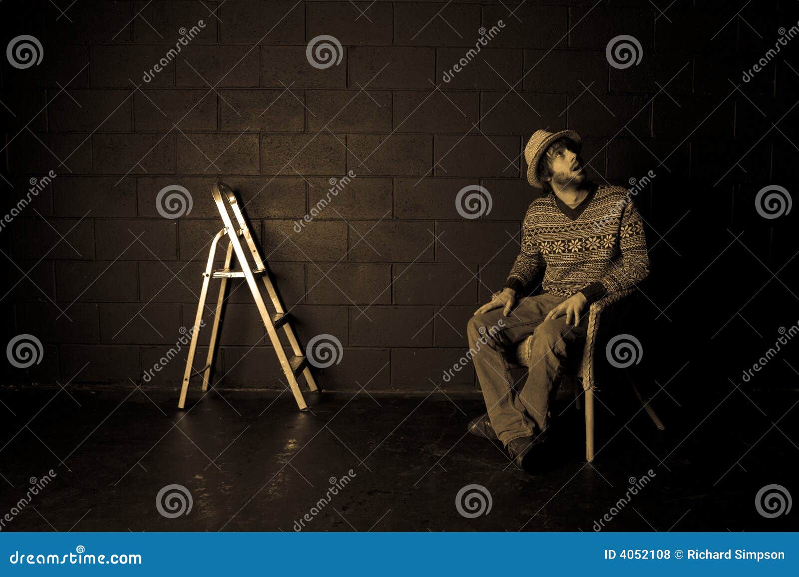Man Looking Up in Black Room Stock Photo - Image of nervous, curiosity ...