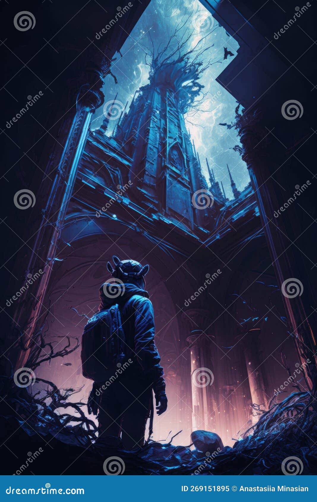 Man Looking Up at a Neo-brutalist Evil Space Cathedral, Neoclassical ... Man Looking Up at a Neo-brutalist Evil Space Cathedral, Neoclassical ...