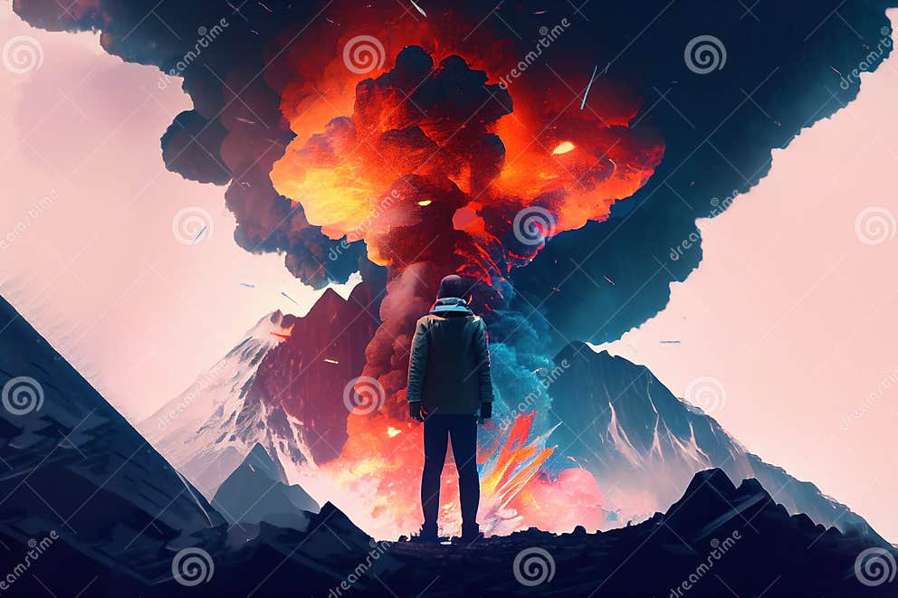 Man Looking on Volcano Eruption. Stock Illustration - Illustration of ...