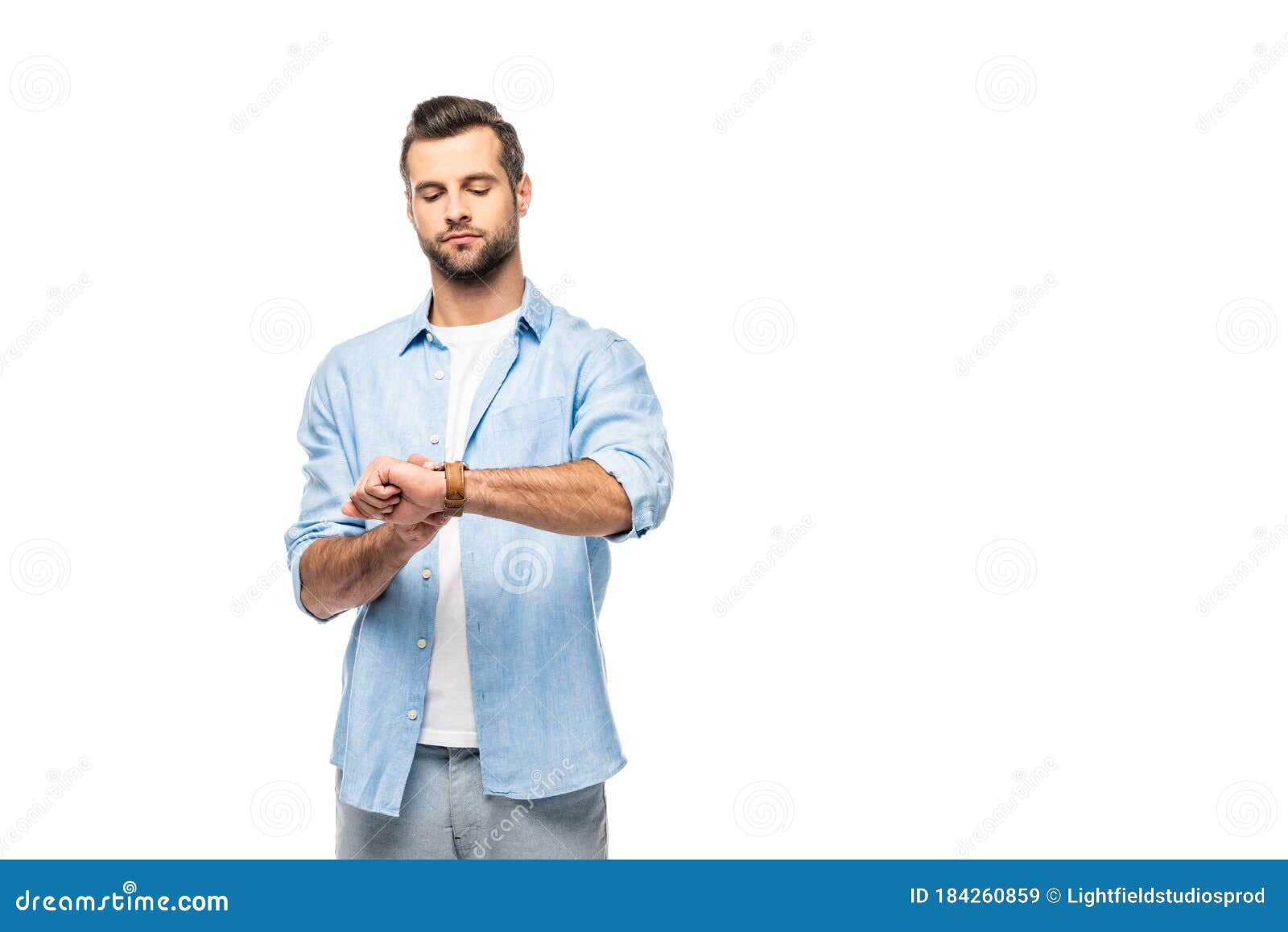 Man Looking at Watch Isolated on White Wih Copy Space Stock Image ...