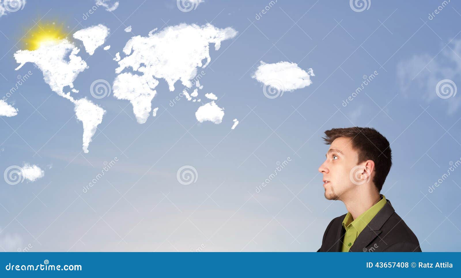 Man Looking at World Clouds and Sun on Blue Sky Stock Photo - Image of ...
