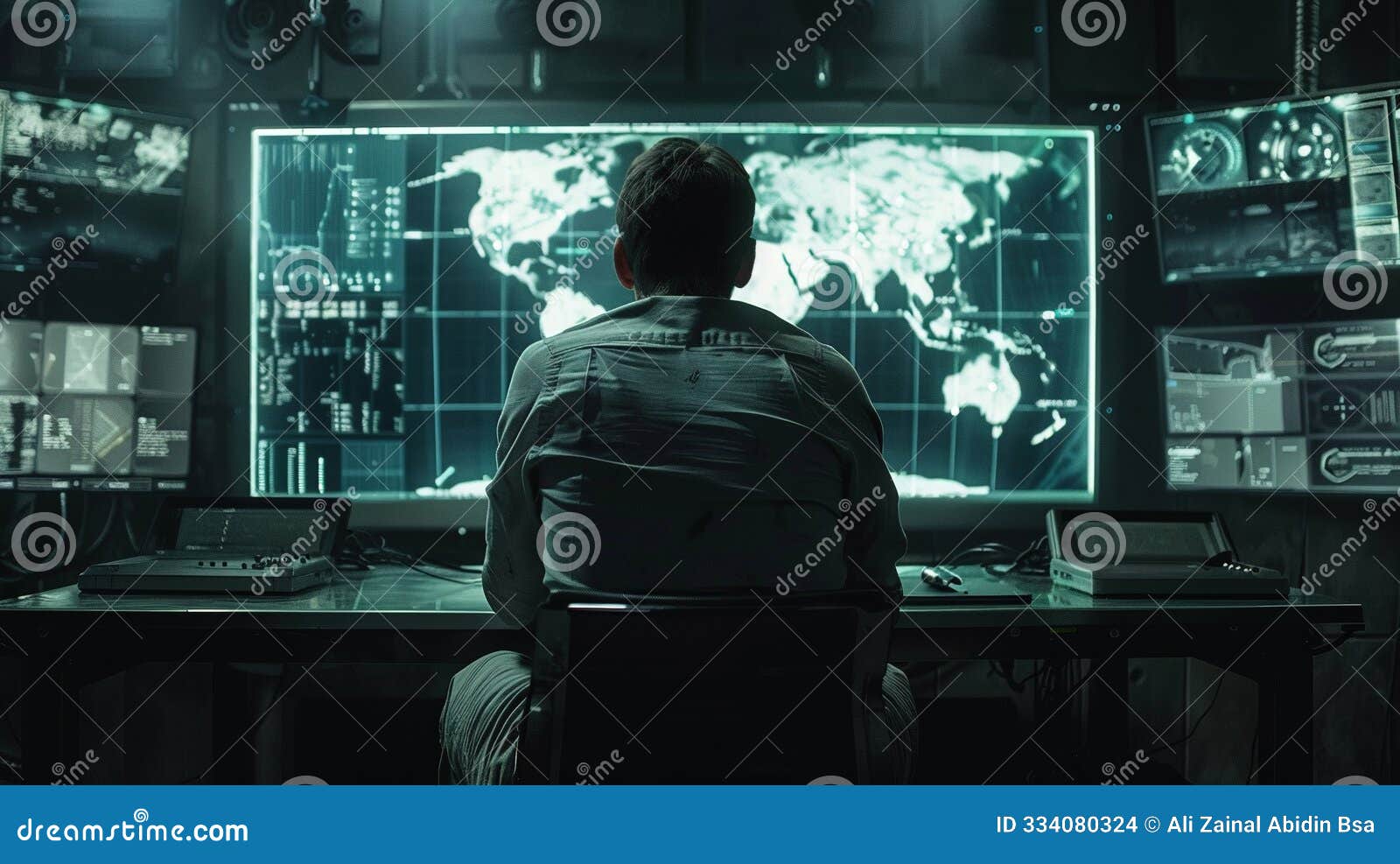 Man Looking at World Map on Screen Stock Illustration - Illustration of ...