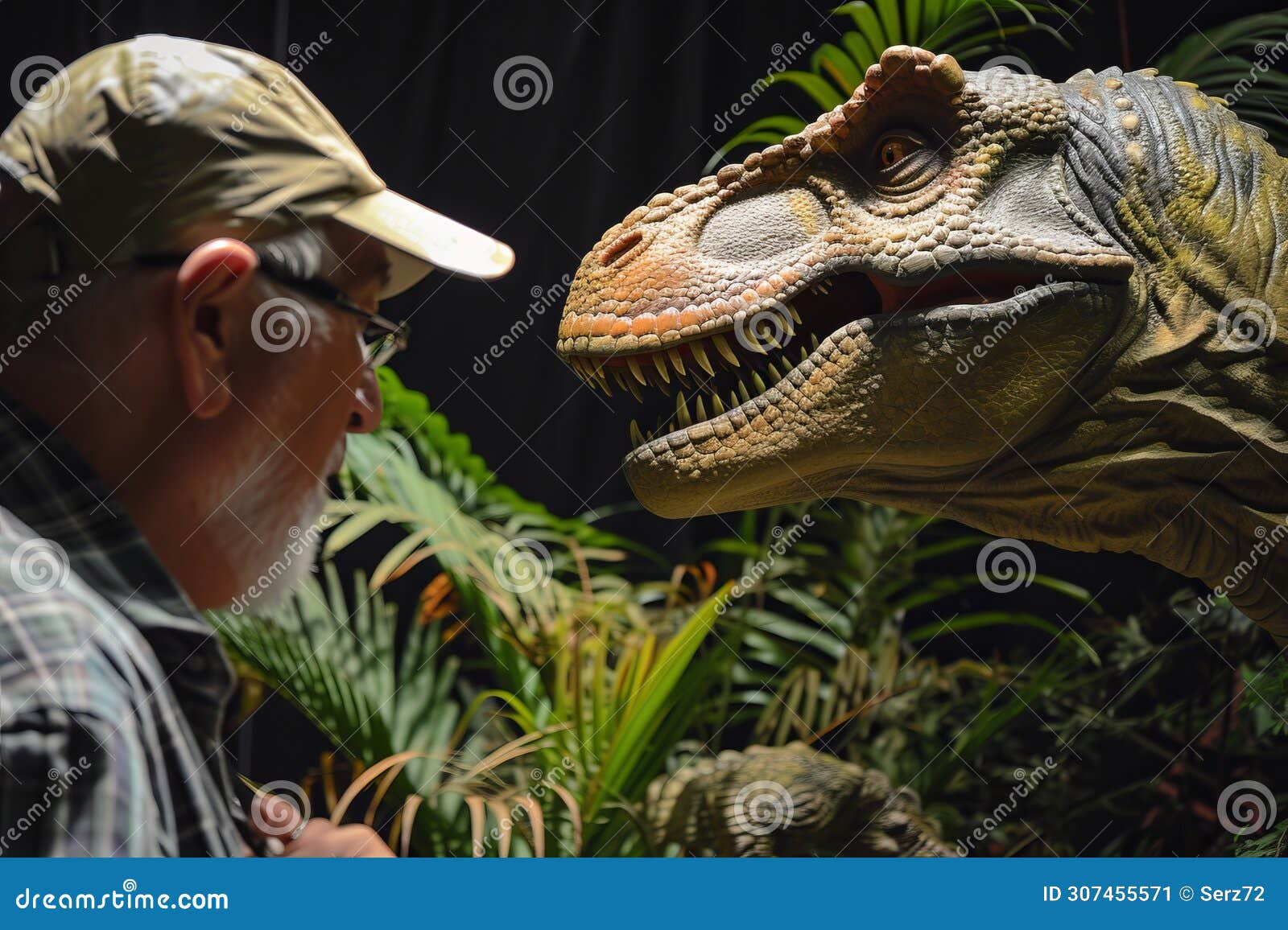 Man Looks at Dinosaur, Ancient Extinct Animal Dinosaur in an Ancient ...