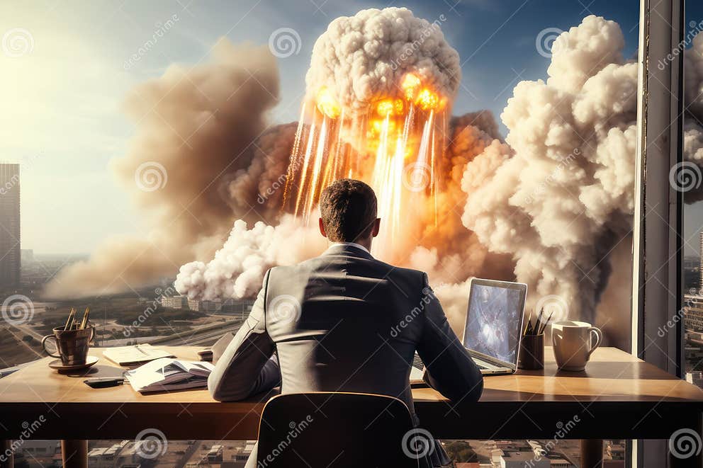 Man Looks at Explosion or Rocket Launch from His Office Window ...