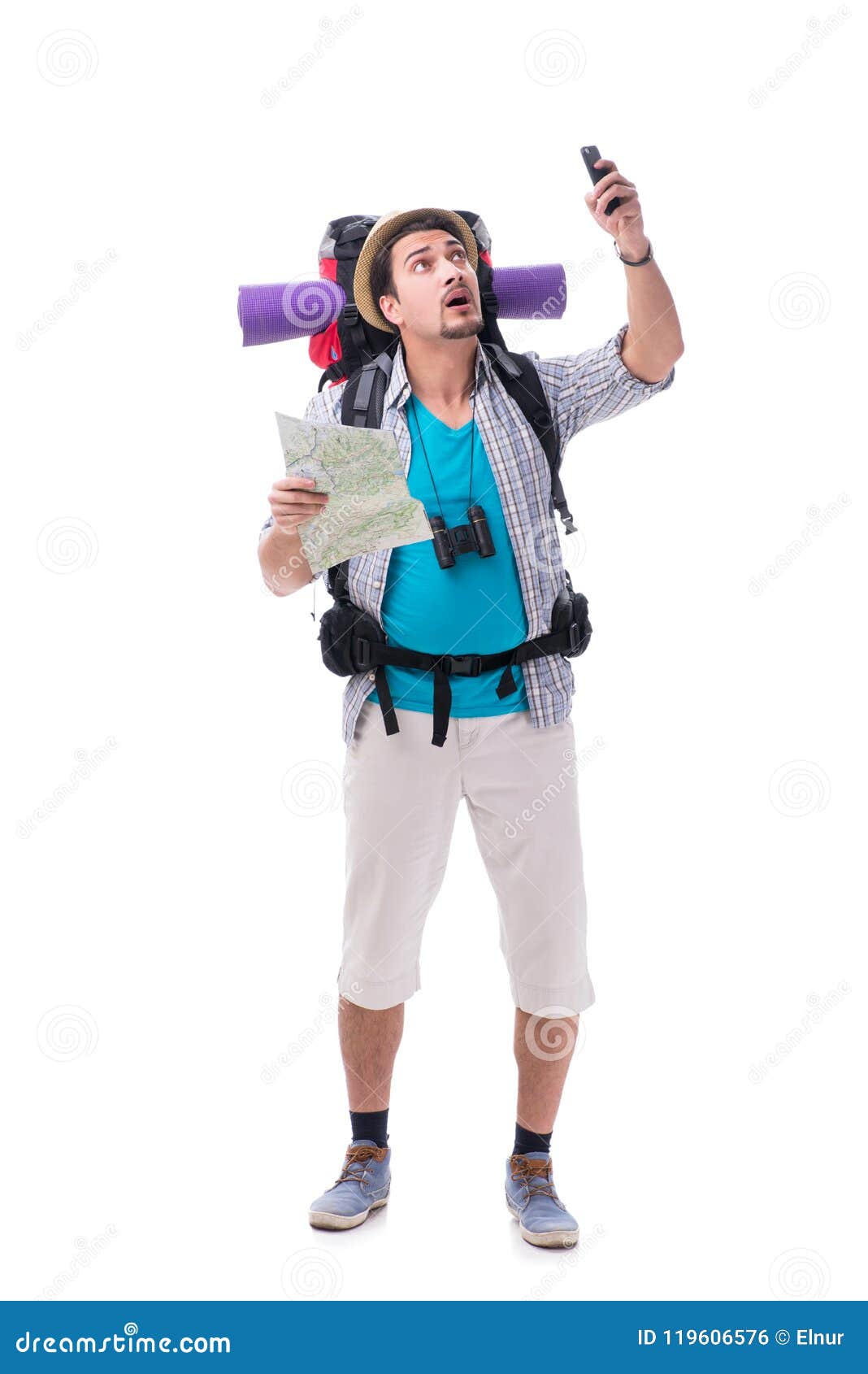 The Man Lost and Looking for Direction with Map on White Stock Photo ...