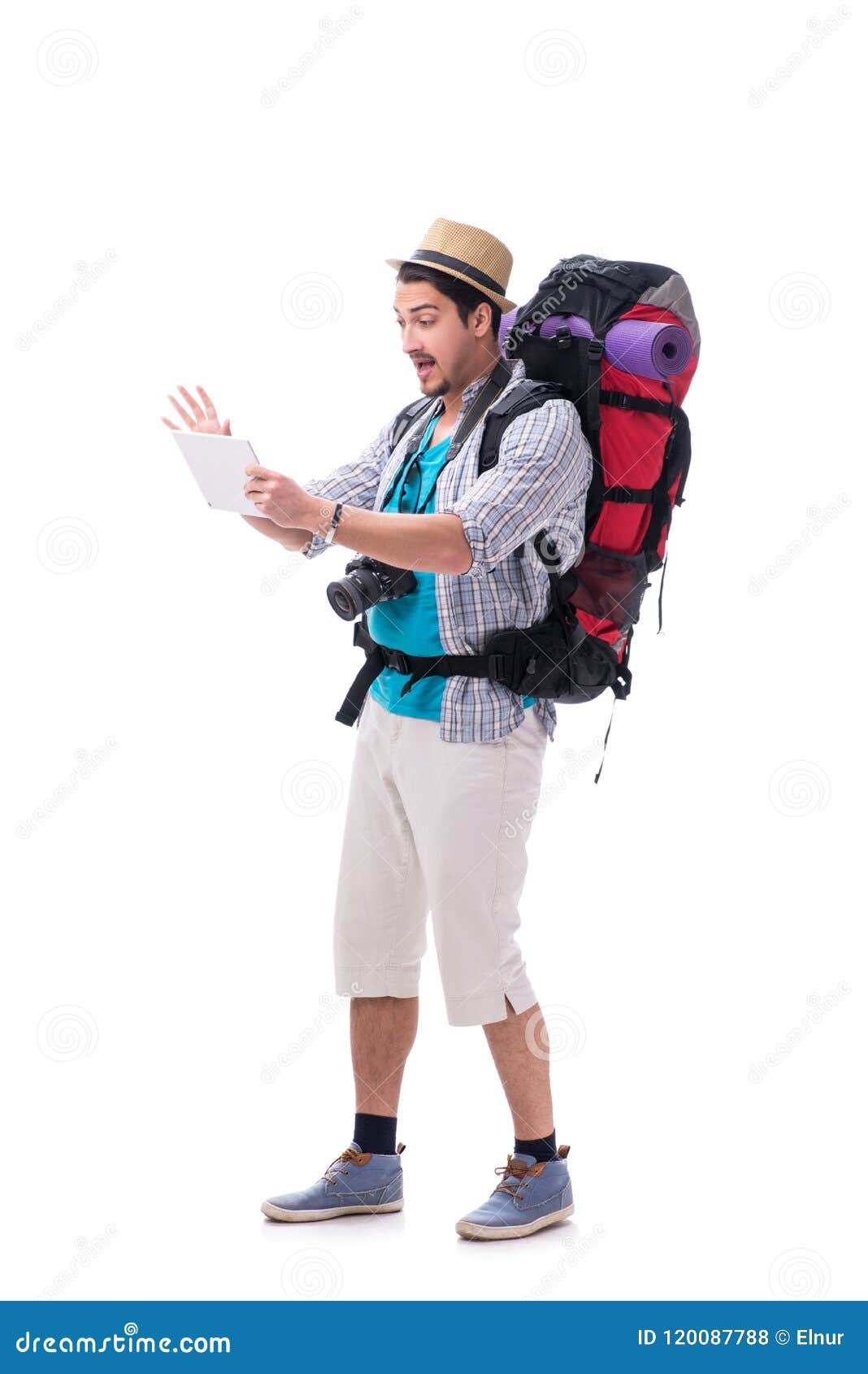 The Man Lost and Looking for Direction with Map on White Stock Photo ...