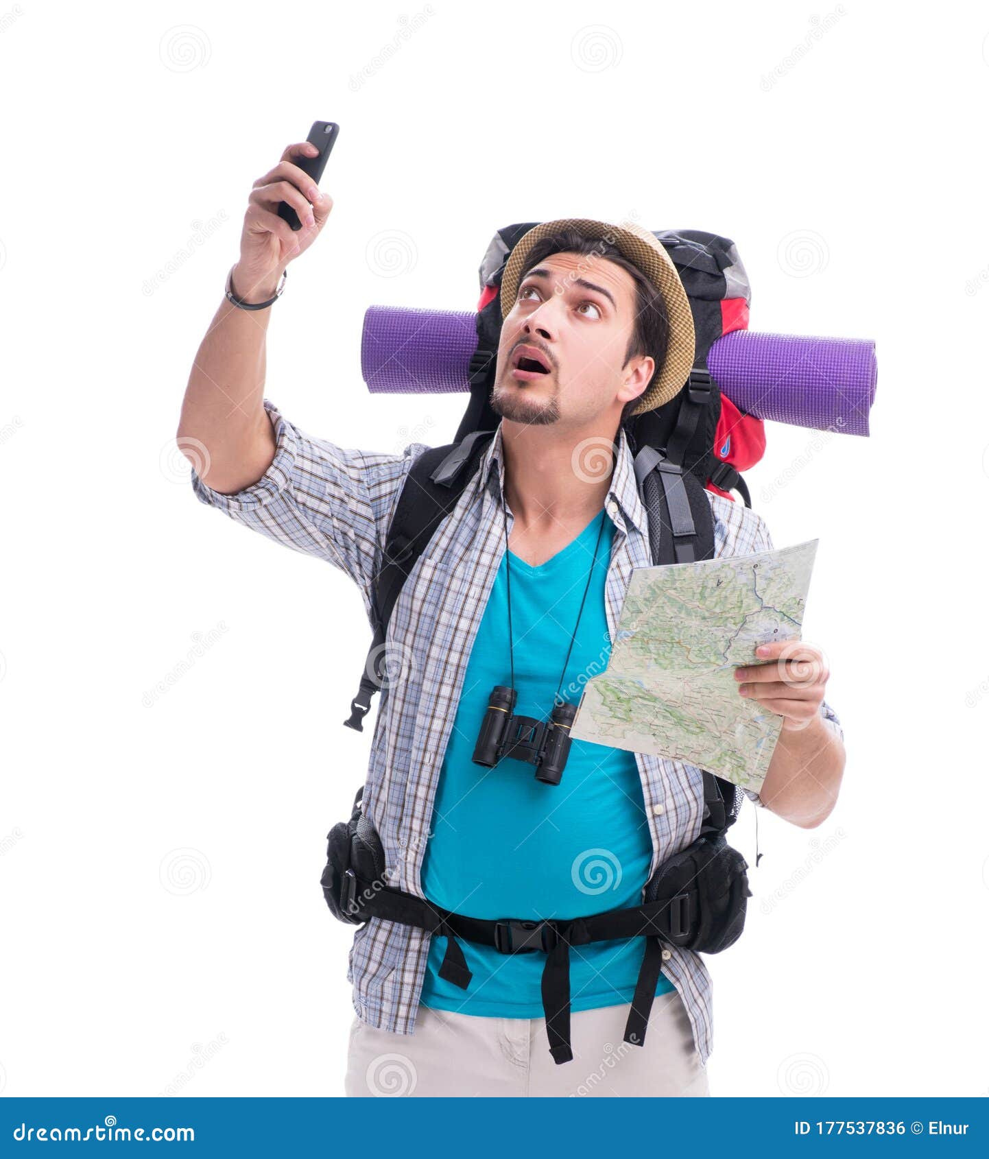 Man Lost and Looking for Direction with Map on White Stock Photo ...