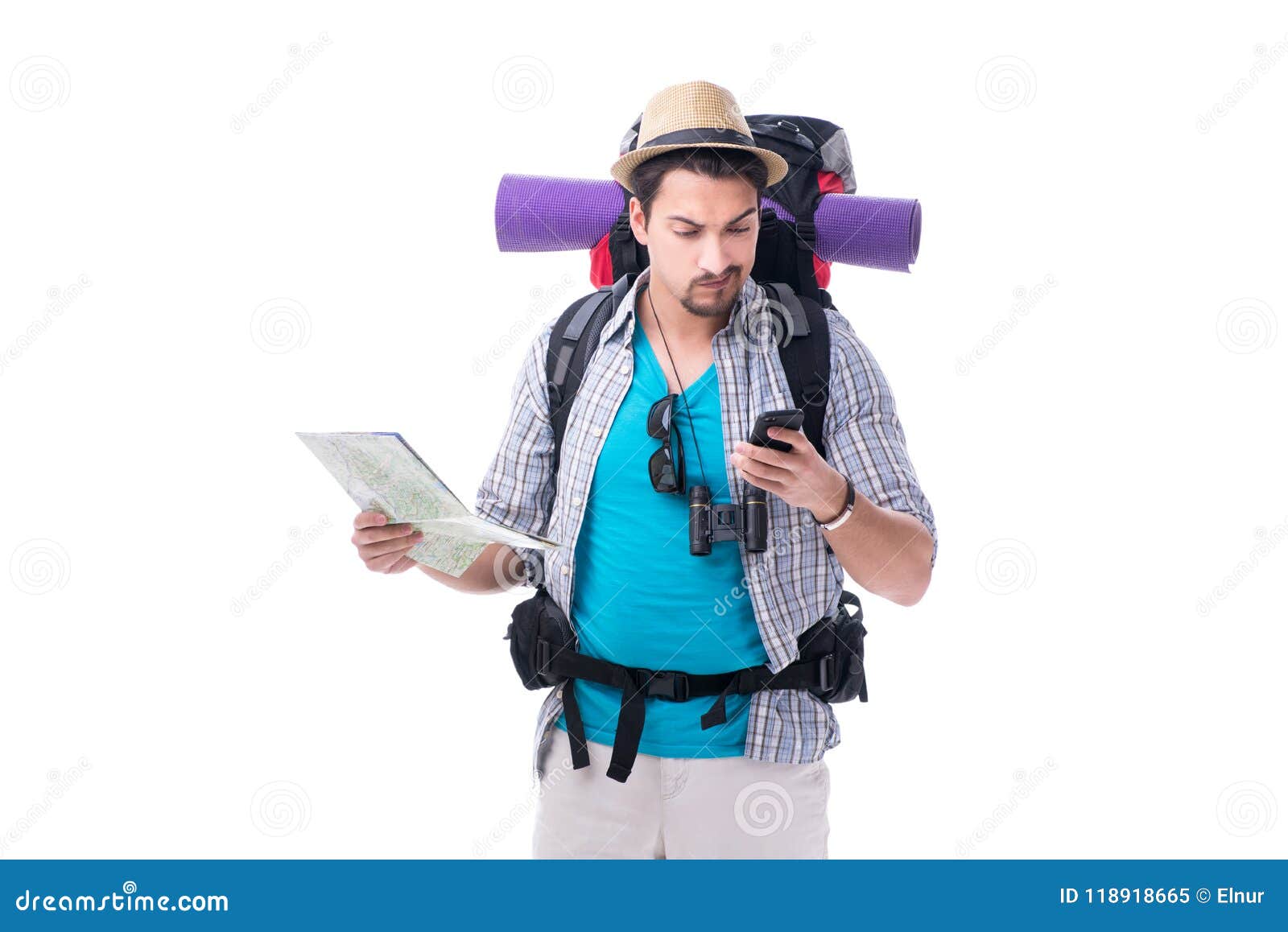 The Man Lost and Looking for Direction with Map on White Stock Image ...