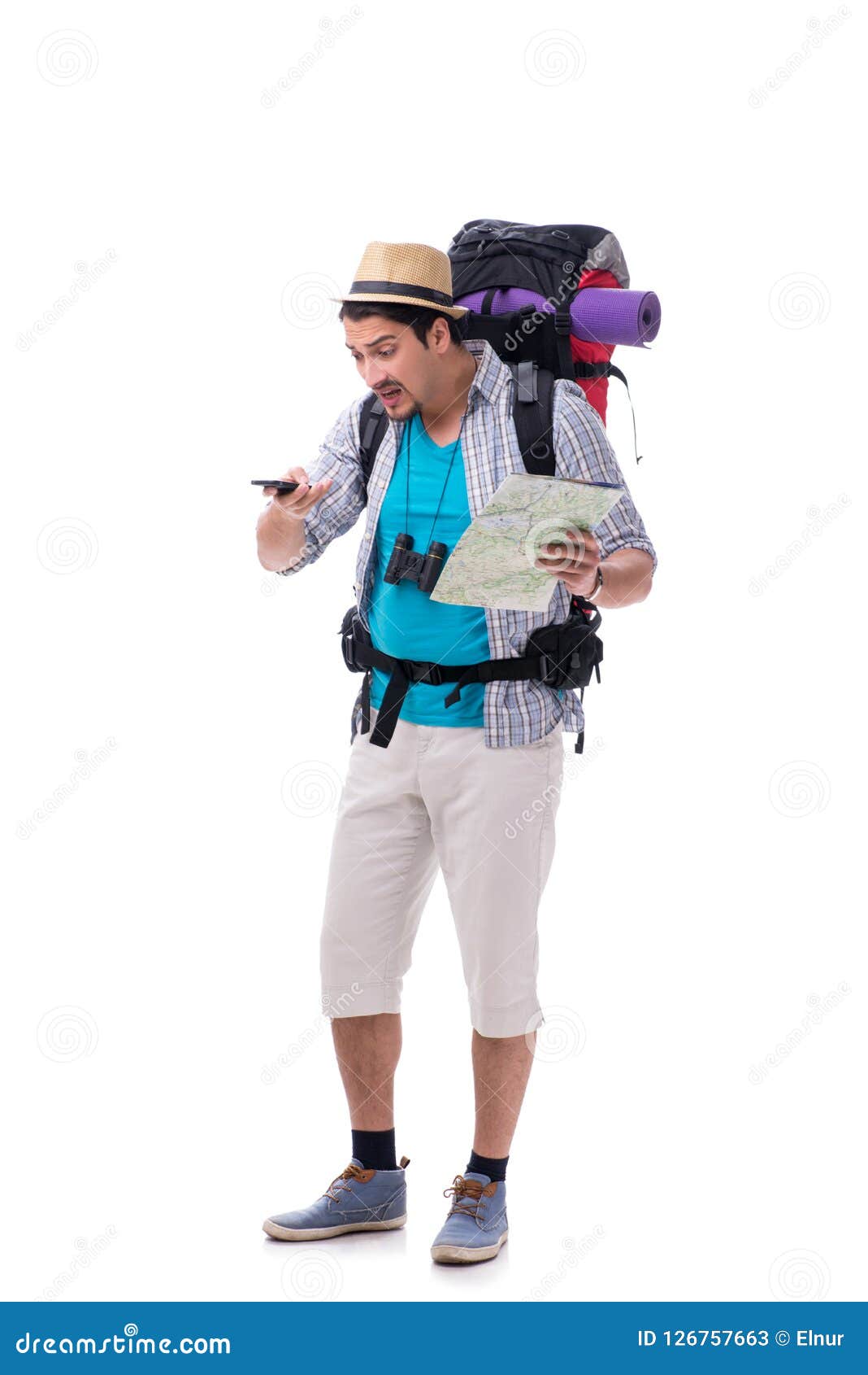 The Man Lost and Looking for Direction with Map on White Stock Image ...