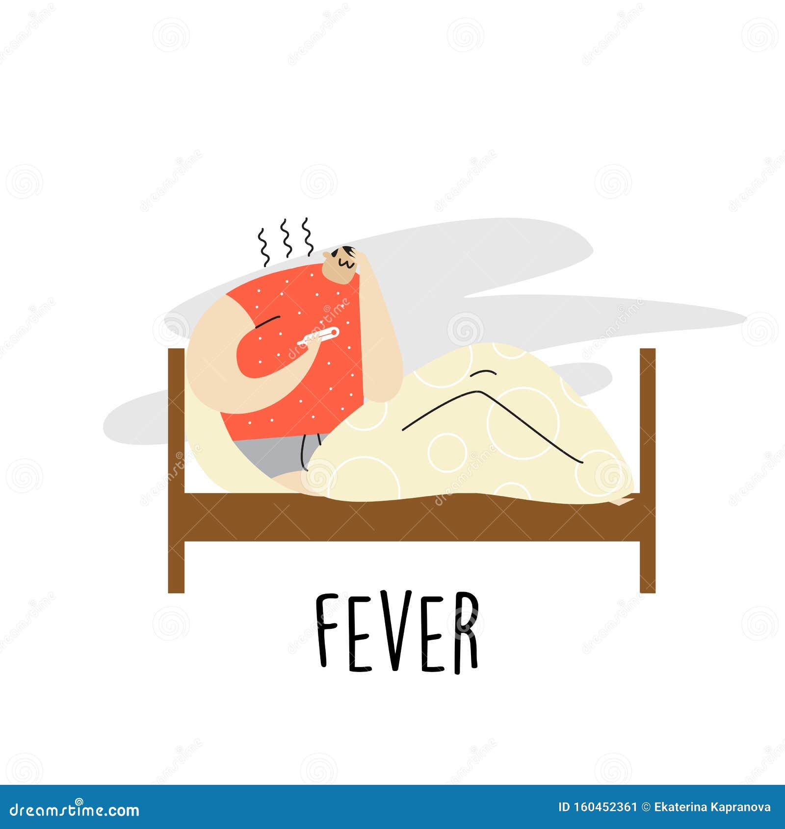 Man Lying in Bed with Fever. Vector Cartoon Illustration. Stock Vector ...