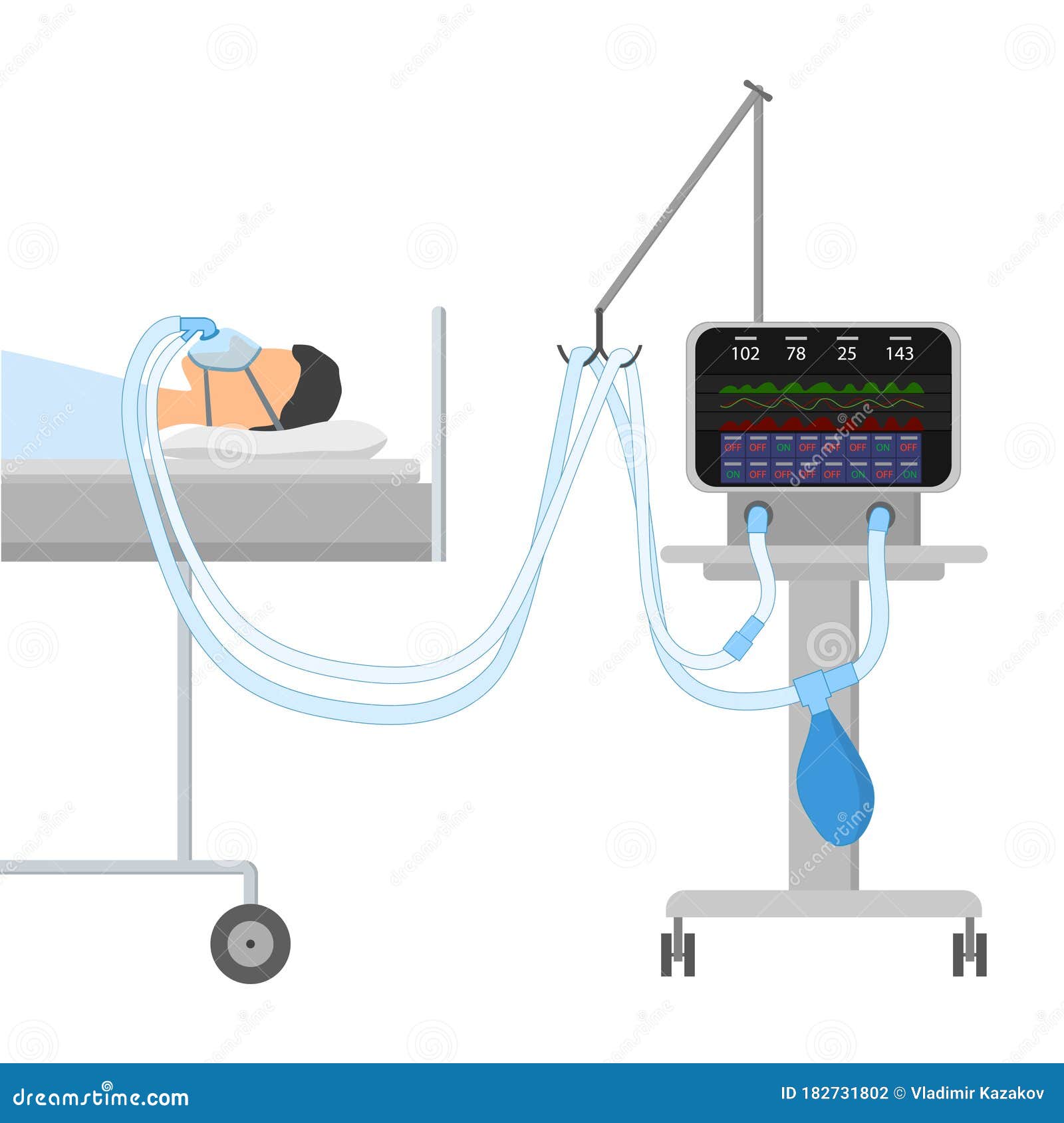 A Man Lying On The Bed With Sleeping Apnea And CPAP. Vector ...