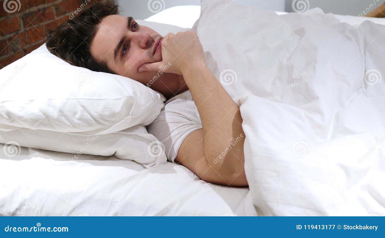 Man in Lying in Bed Thinking and Imagining at Night Stock Image - Image ...