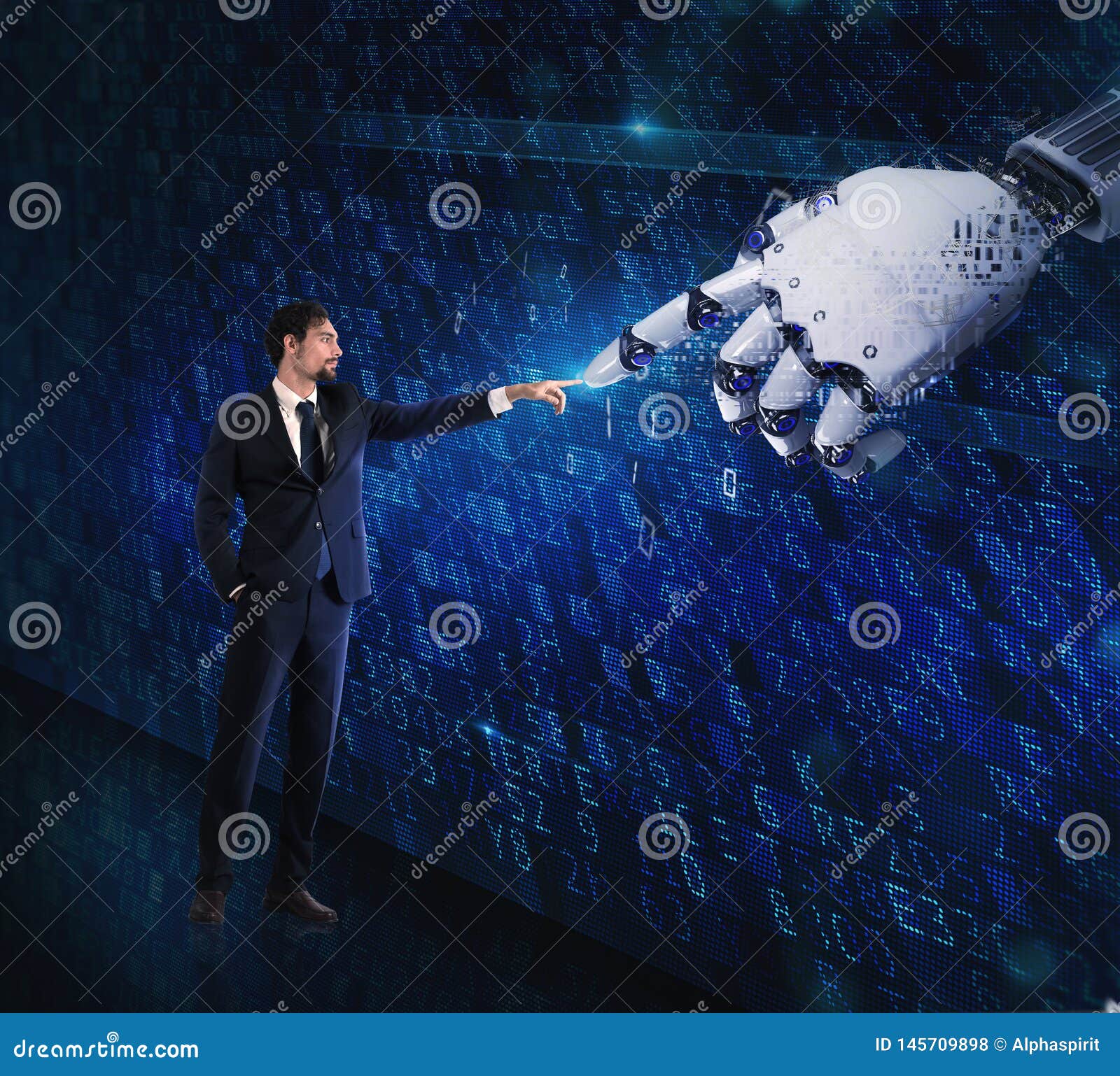 Man Machine Interaction between Human and a Digital Hand Stock Photo ...