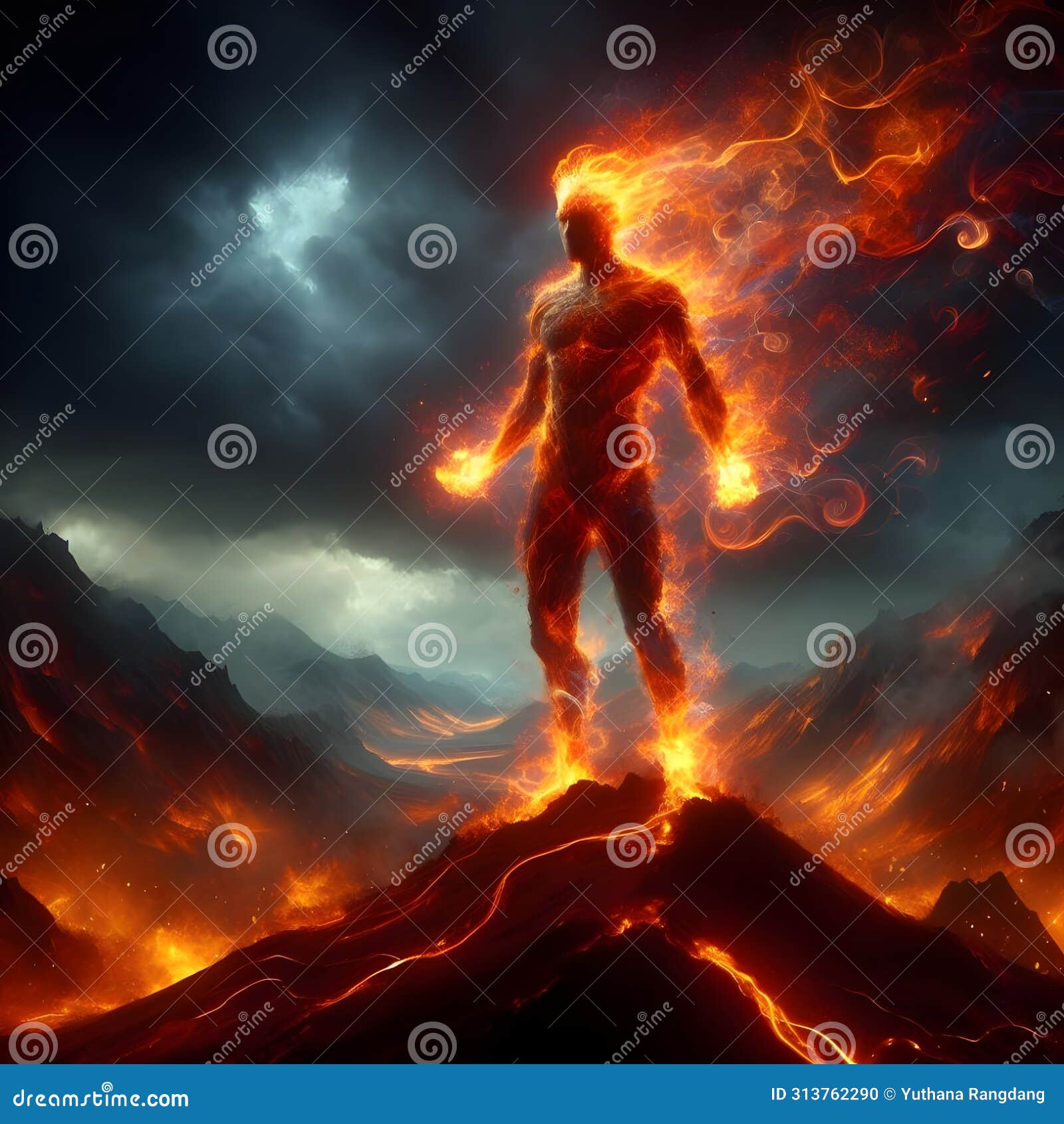 A Man Made of Fire and Possessing the Power of Magic. Stock ...