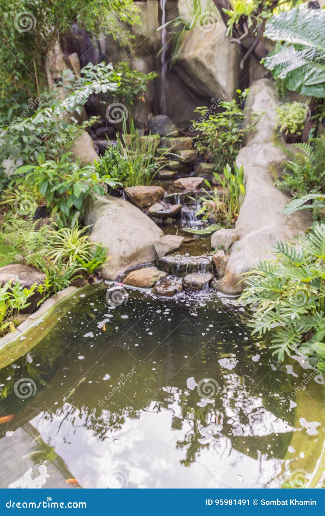 Man-made Small Waterfall in Garden Stock Image - Image of pond ...