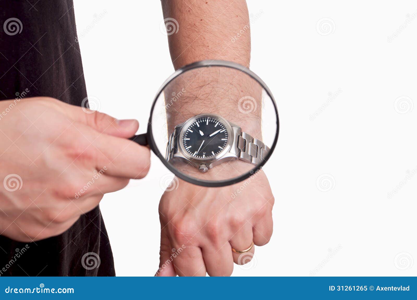 Man with Magnifier in Hand Looking at His Watch on White Background ...