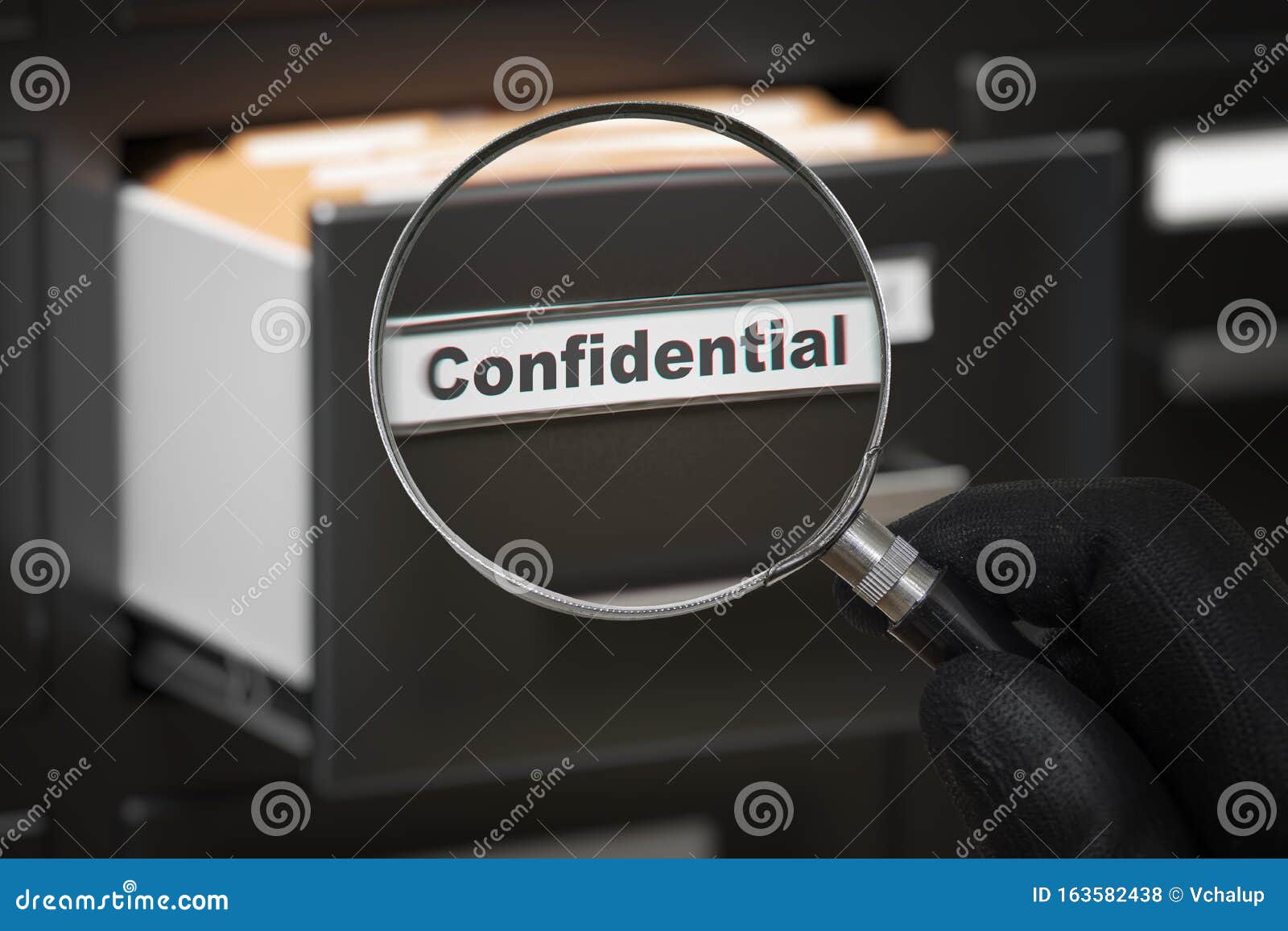 Man with Magnifying Glass Looking on Confidential Secret Files. Stock ...