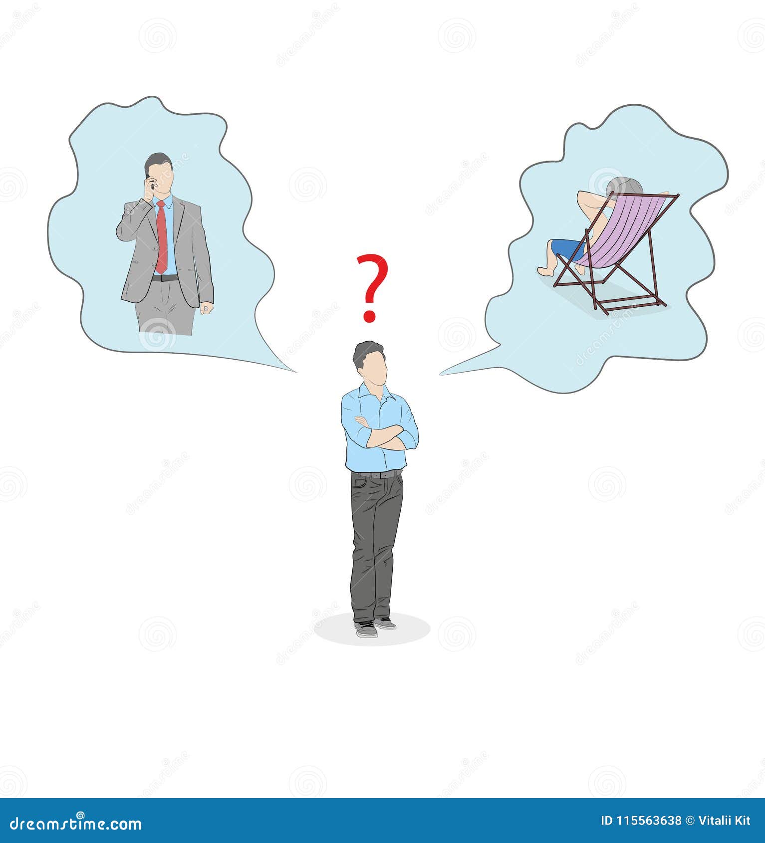 A Man Makes a Choice between Rest and Work. Vector Illustration. Stock ...