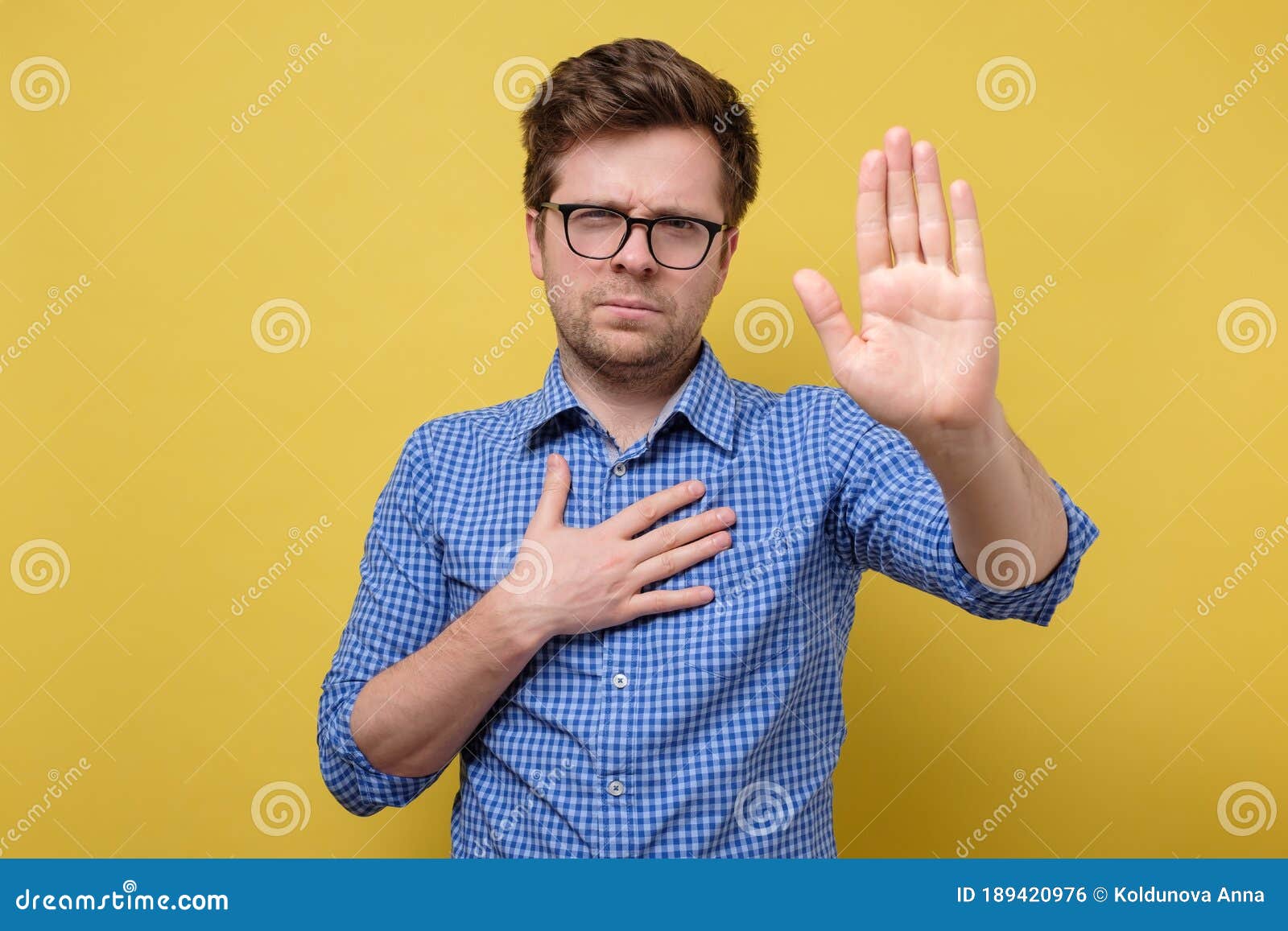 Man Makes Swearing Sign with His Hand Open and Up Stock Photo - Image ...