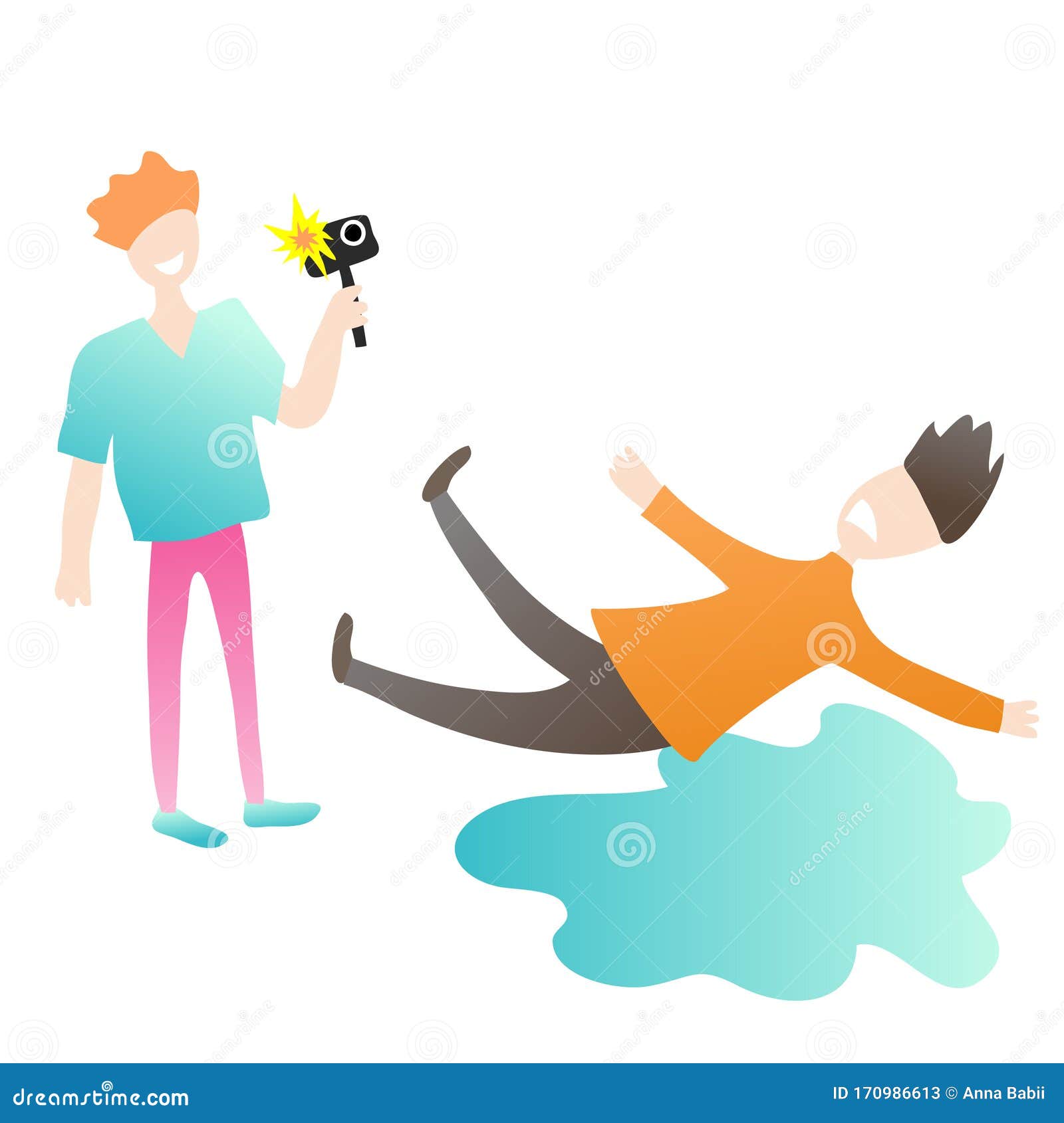 Man Makes Video As a Man Falls into Puddle. Prank Media. Vector ...