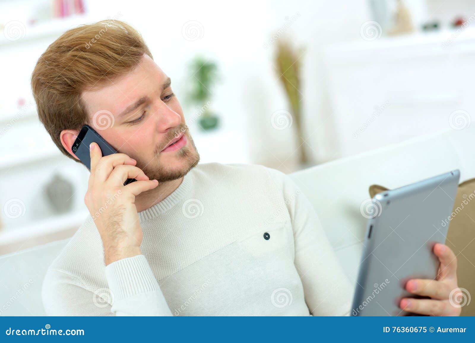 Man Making Call Whilst Using Tablet Computer Stock Image - Image of ...