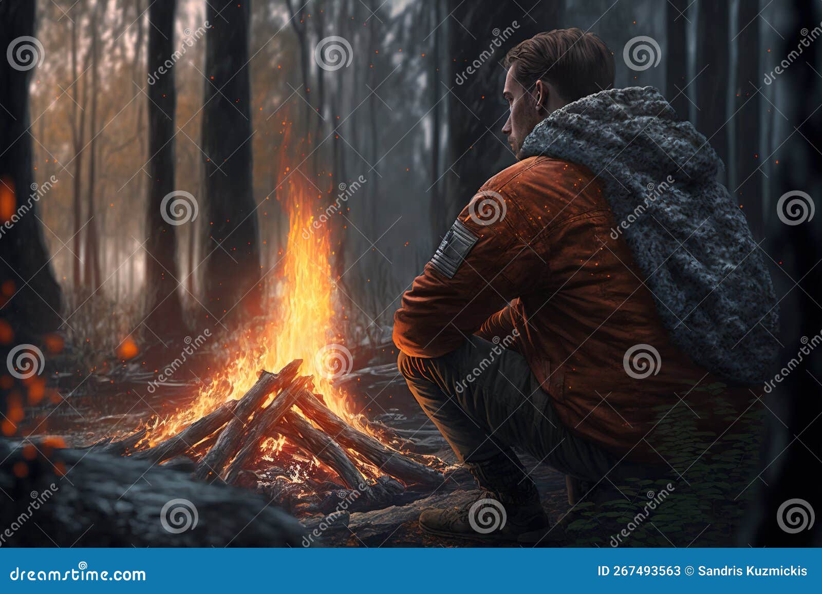 Man Making Campfire in Forest. Generative AI Stock Illustration ...