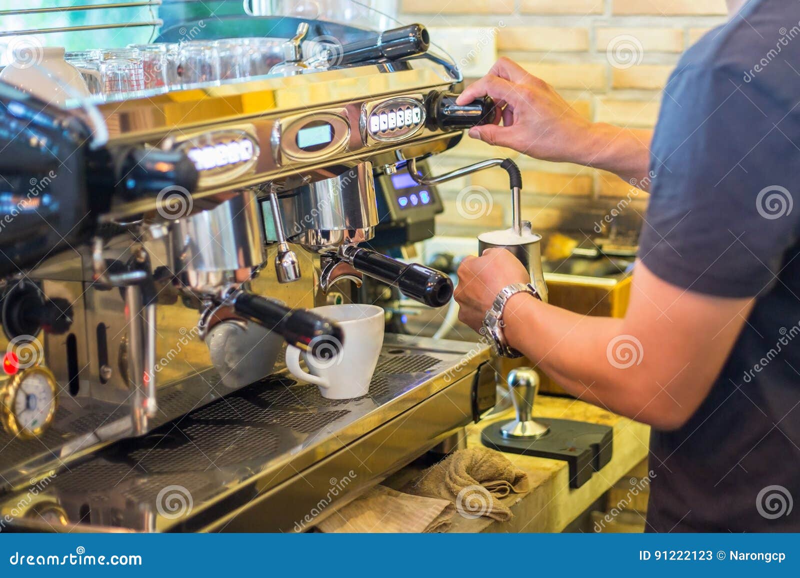 A Man Making Coffee in the Coffee Machine Stock Image - Image of fresh ...