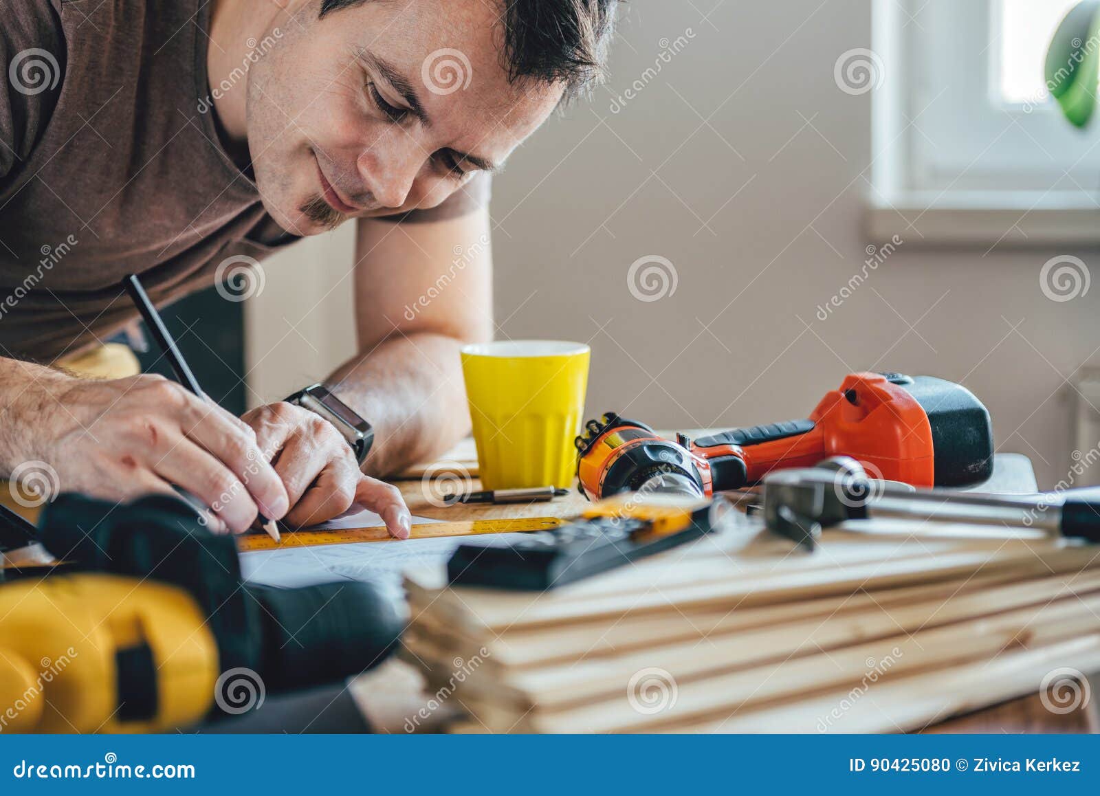 Man Making Draft Plan with Pencil on the Table Stock Photo - Image of ...