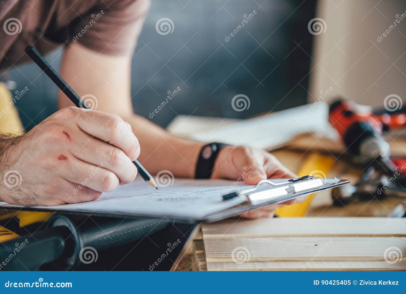 Man Making Draft Plan with Pencil on the Table Stock Image - Image of ...
