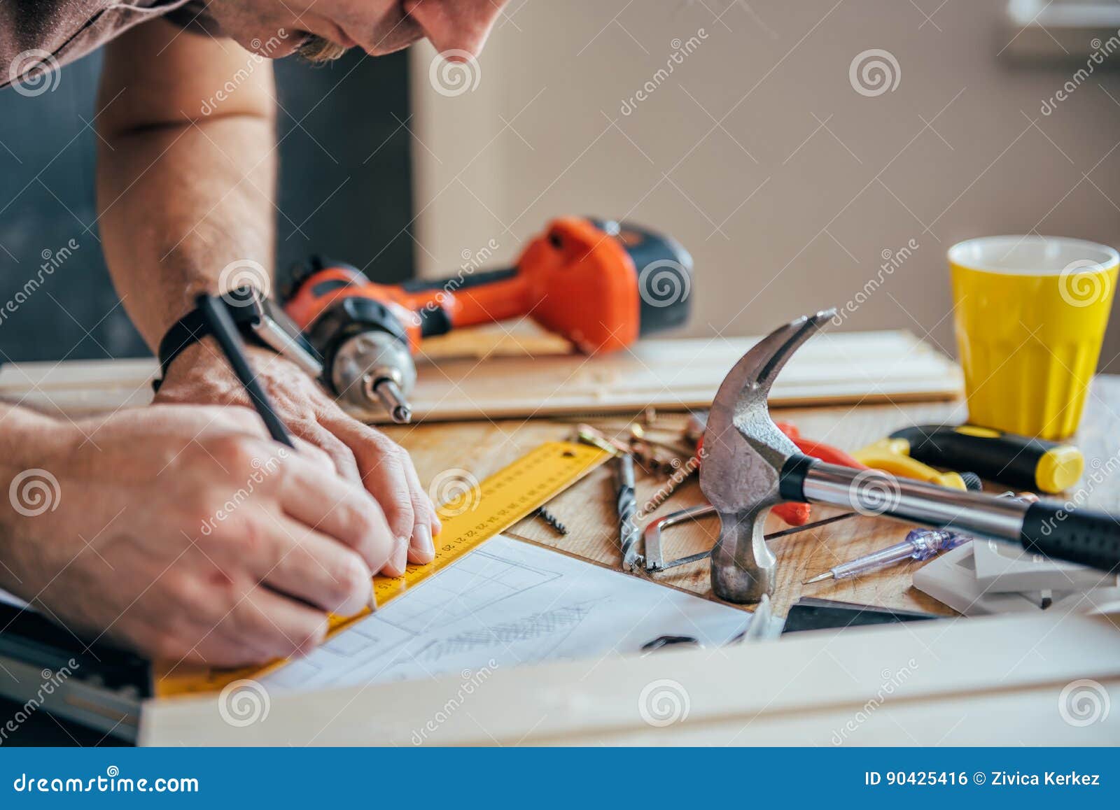 Man Making Draft Plan with Pencil on the Table Stock Photo - Image of ...