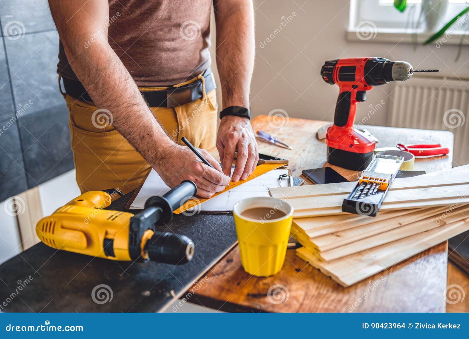 Man Making Draft Plan Using Pencil Stock Photo - Image of flooring ...