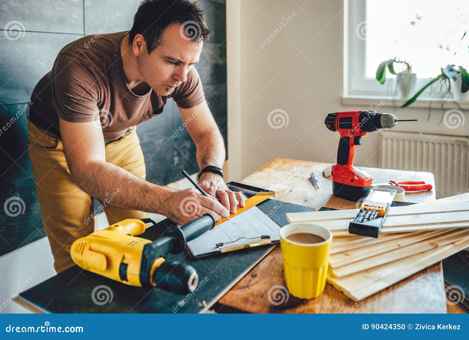 Man Making Draft Plan Using Pencil Stock Photo - Image of coffee ...
