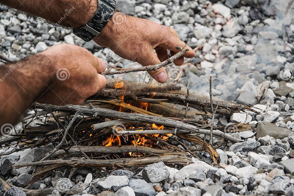 Man is Making the Fire in Nature Stock Photo - Image of bright ...