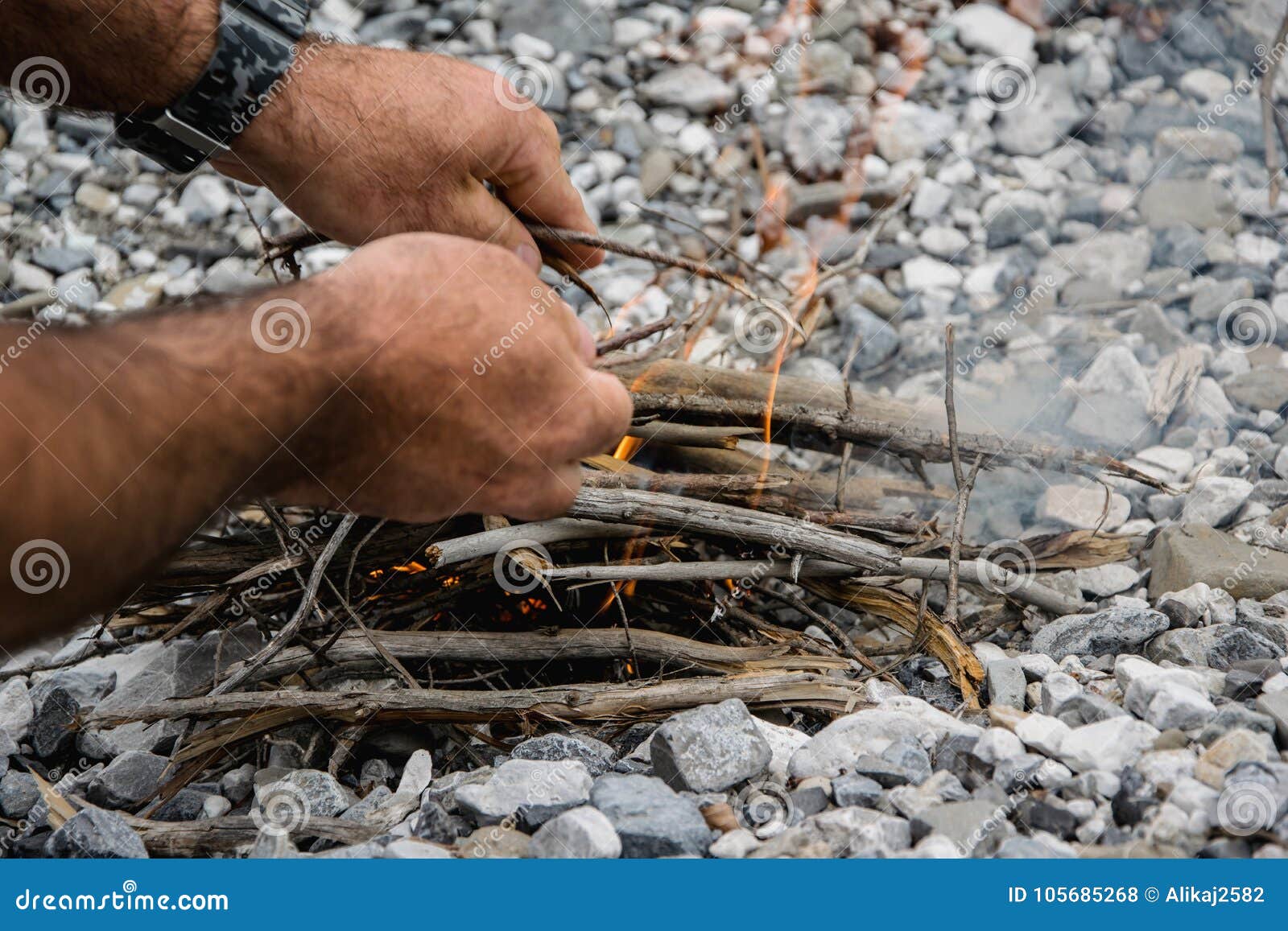 Man is Making the Fire in Nature Stock Photo - Image of campfire ...