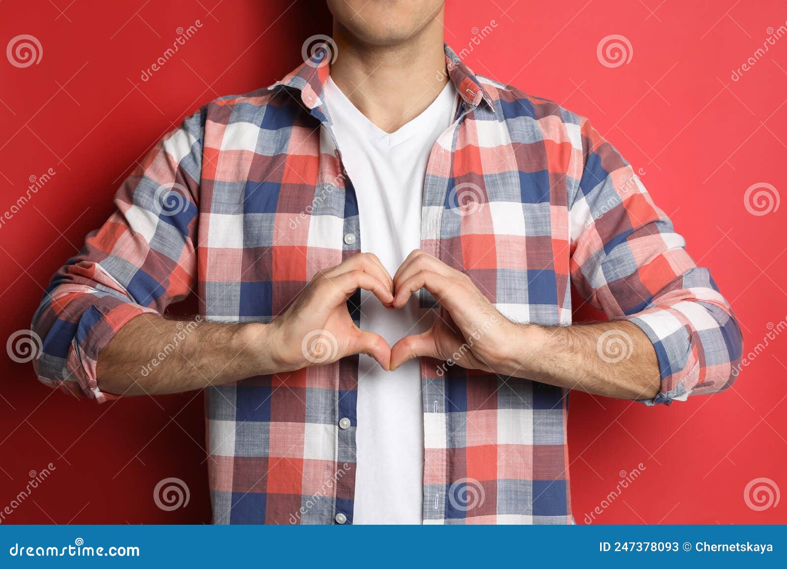 Man Making Heart with Hands on Red Background, Closeup Stock Image ...