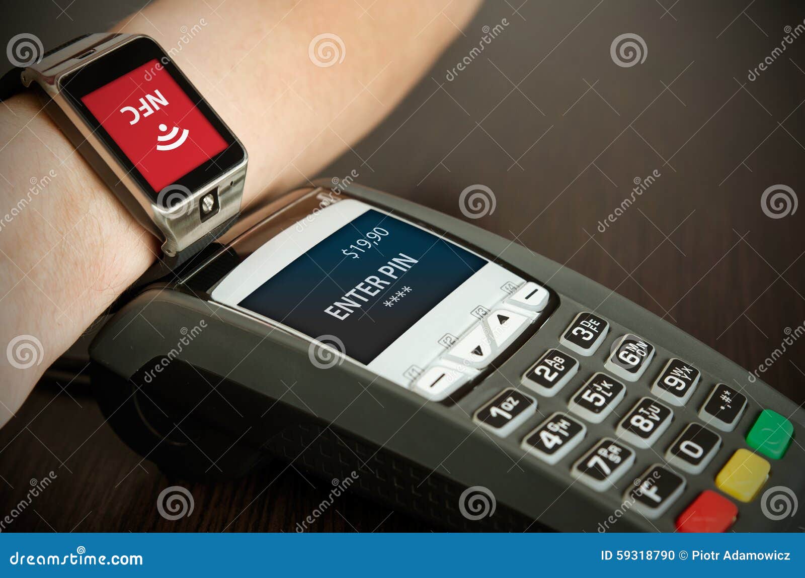 Man Making Payment through Smartwatch Via NFC Technology Stock Photo ...