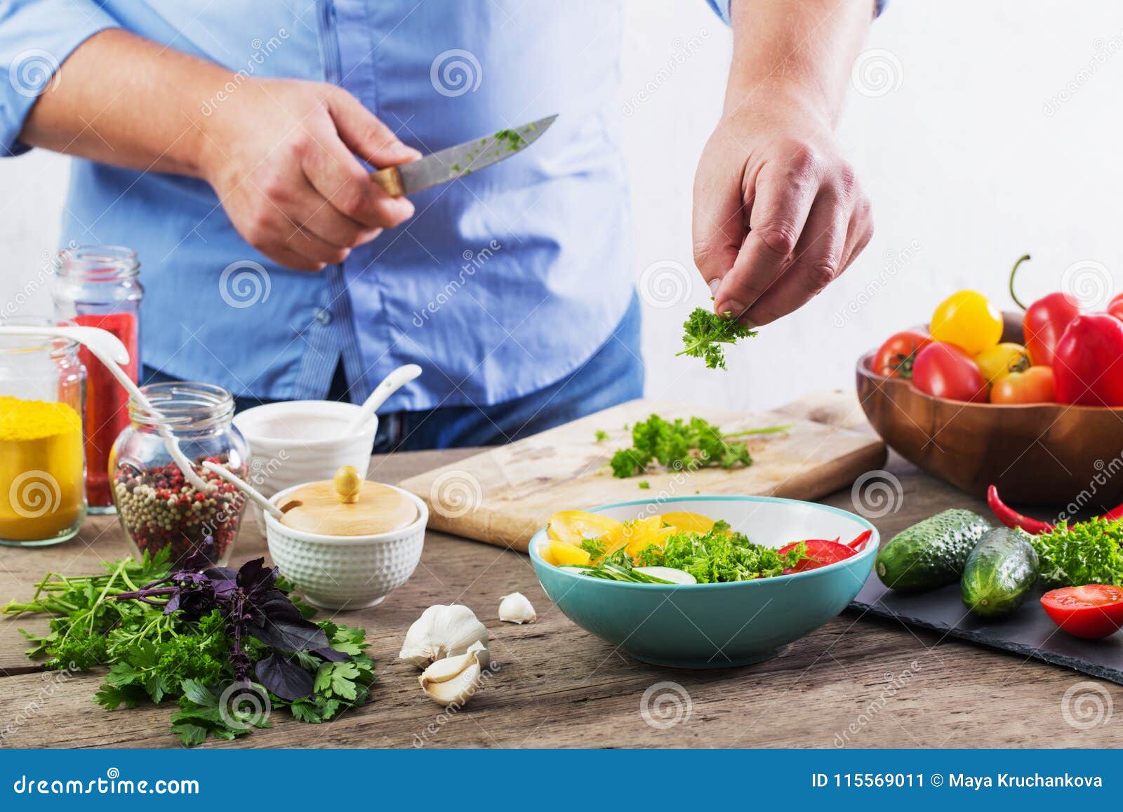Man Making a Vegetarian Salad Stock Image - Image of cuisine, hand ...